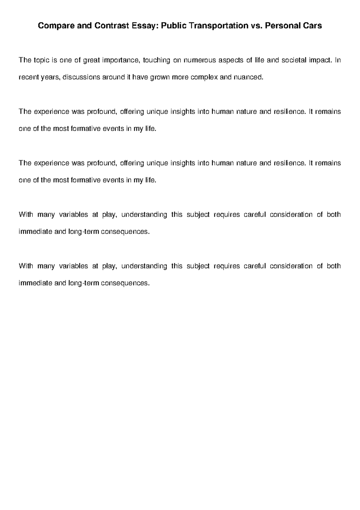 Public Transportation vs. Personal Cars - Compare and Contrast Essay ...