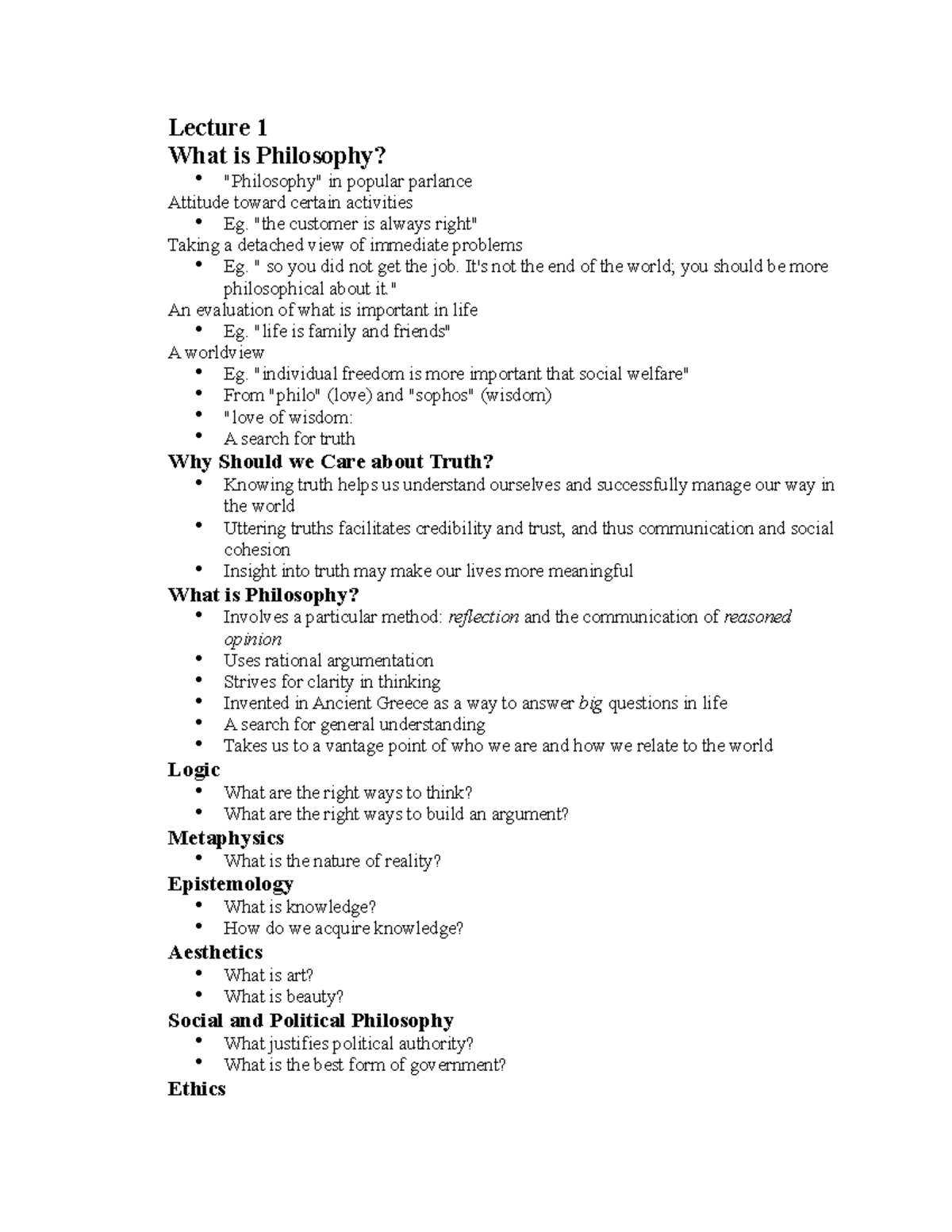 1250 Lecture 1 - Lecture 1 What is Philosophy? "Philosophy" in popular ...