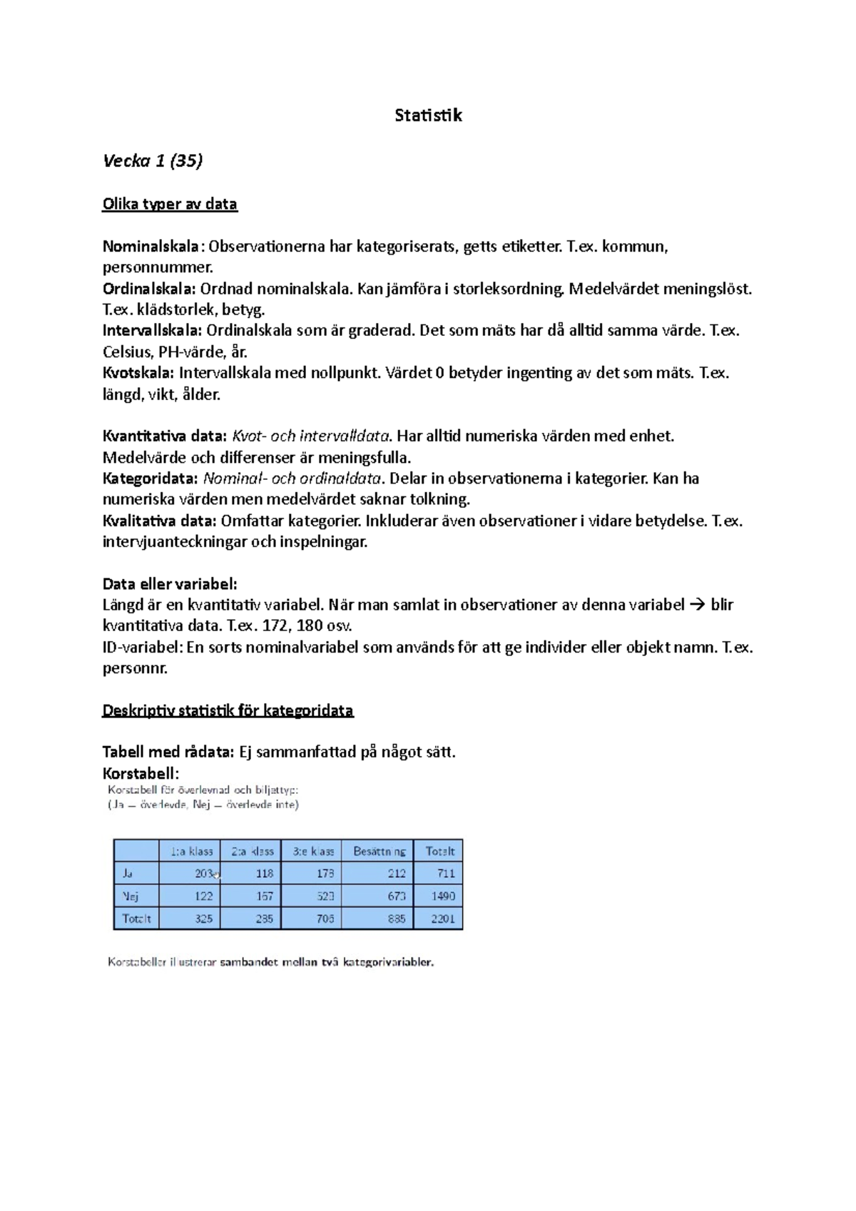 Statistik - anteckningar - Statistik Vecka 1 (35) Olika typer av data ...