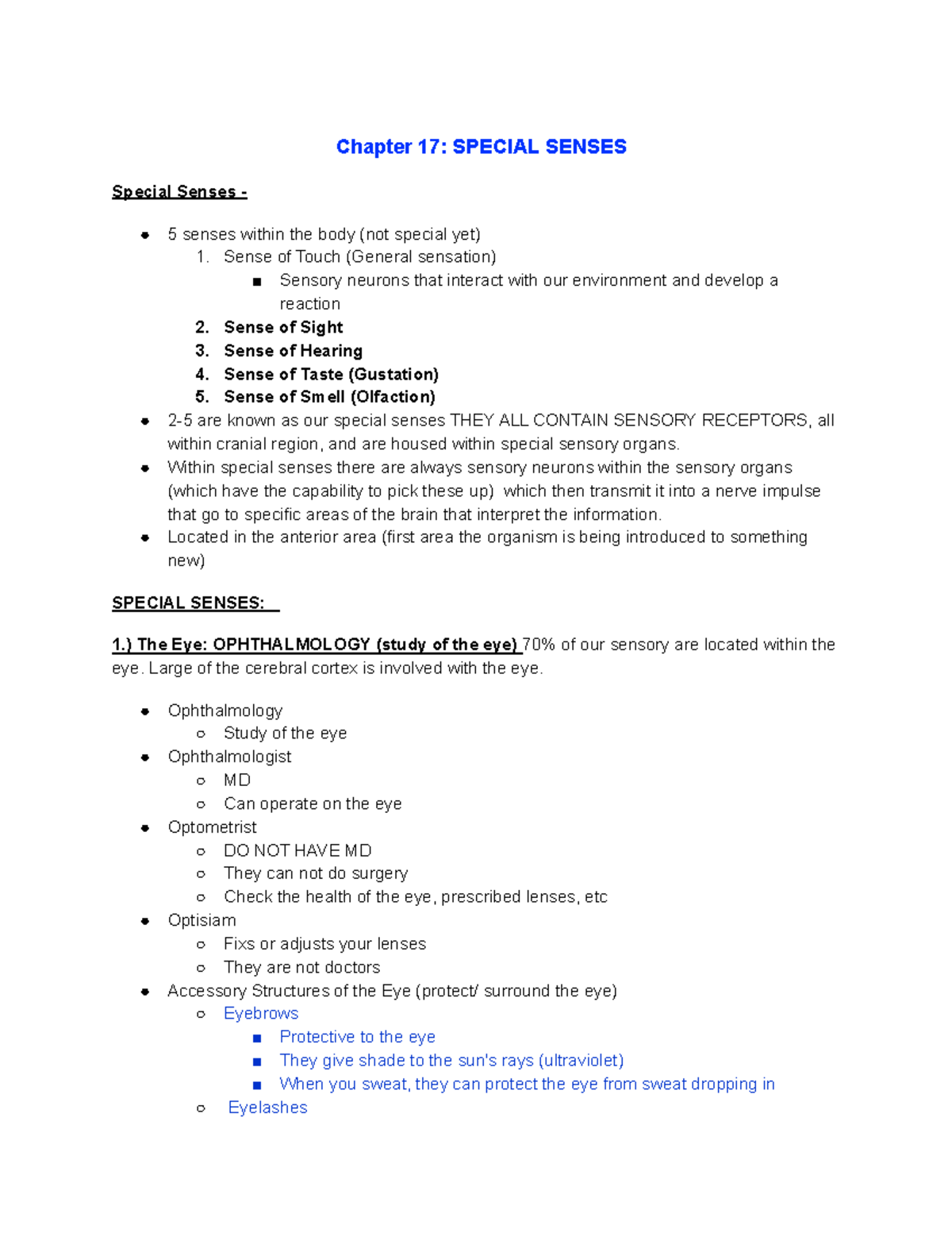 Chapter 17 Special Senses - Chapter 17: SPECIAL SENSES Special Senses ...