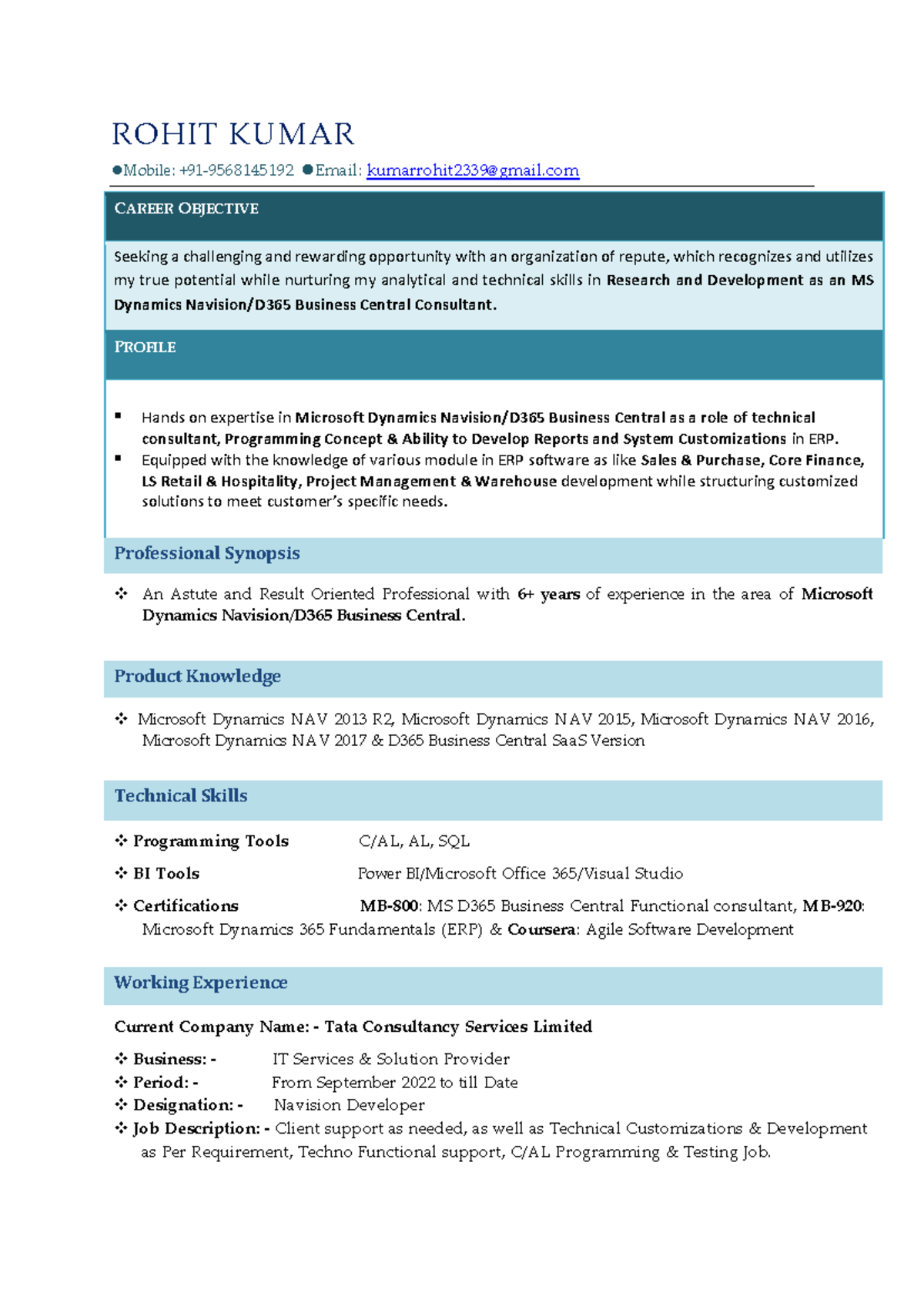 Rohit CV - test - ROHIT KUMAR Mobile: +91- 9568145192 Email ...