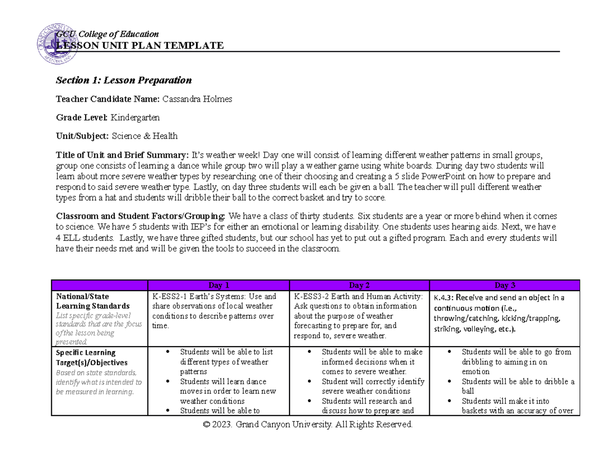 3 Day Lesson Plan 2.0 Cassandra Holmes - GCU College of Education ...