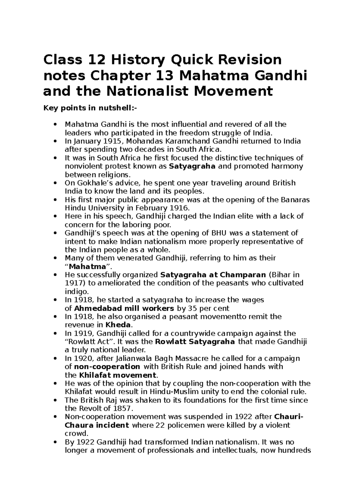 Class 12 History Quick Revision notes Chapter 13 Mahatma Gandhi and the ...