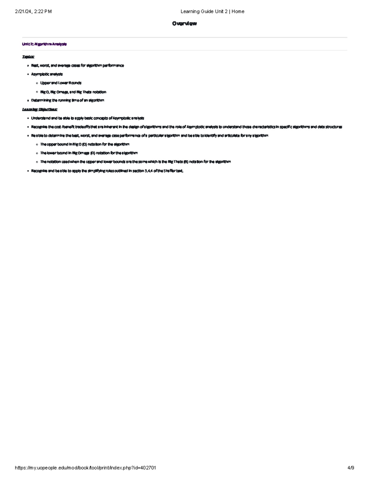 Learning Guide Unit 2 - Overview Unit 2: Algorithm Analysis Topics ...