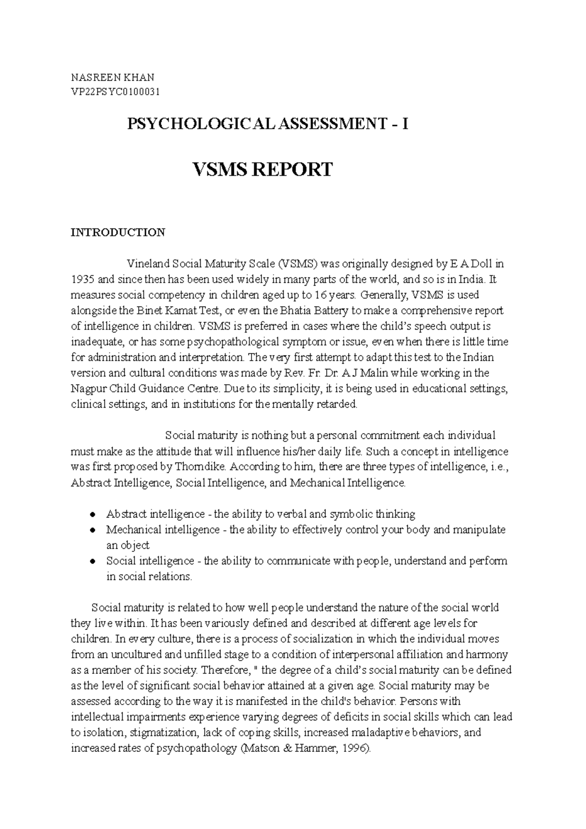 Vsms - NASREEN KHAN VP22PSYC PSYCHOLOGICAL ASSESSMENT - I VSMS REPORT ...