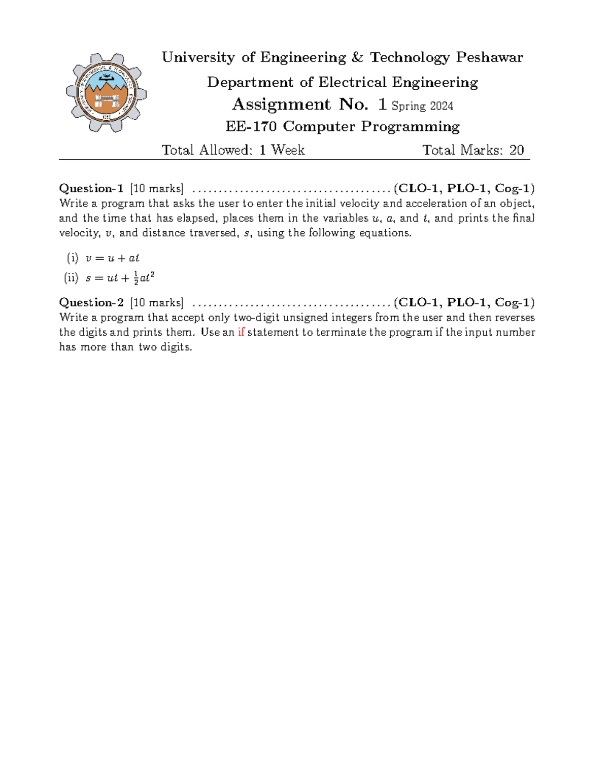 Assignment no # 01 - University of Engineering & Technology Peshawar Department of Electrical ...