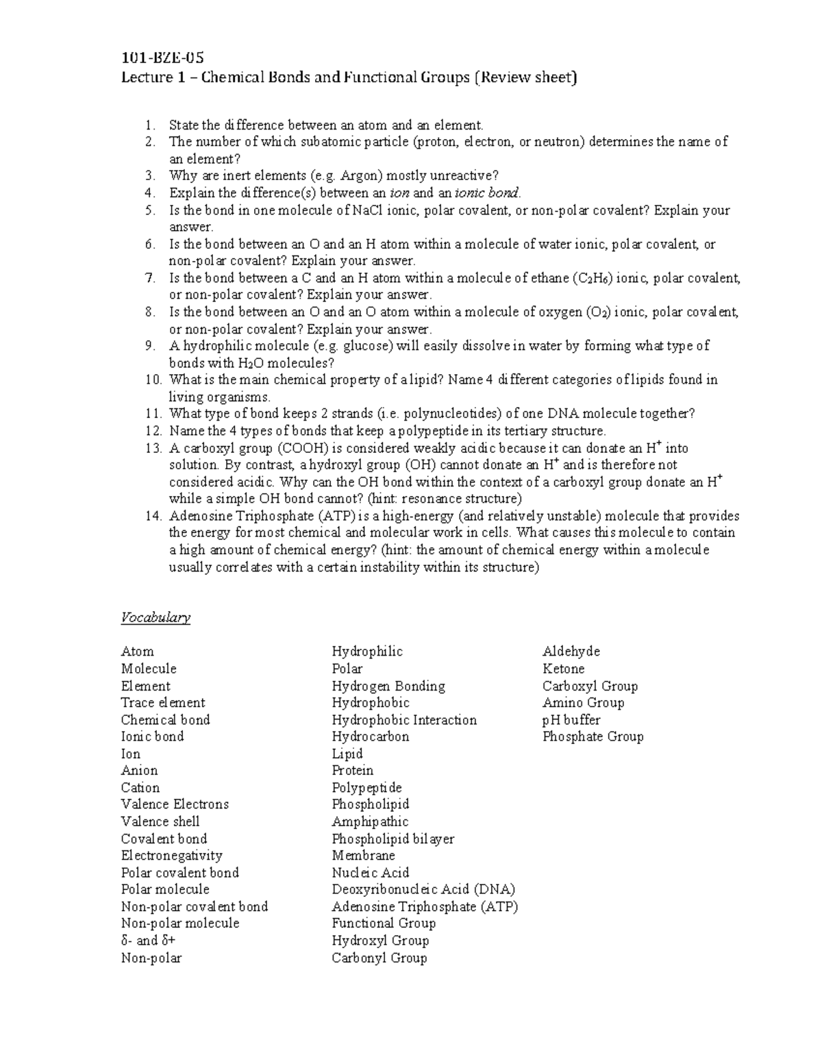 Lecture 1 Practice Questions And Vocabulary 101 BZE 05 Lecture 1