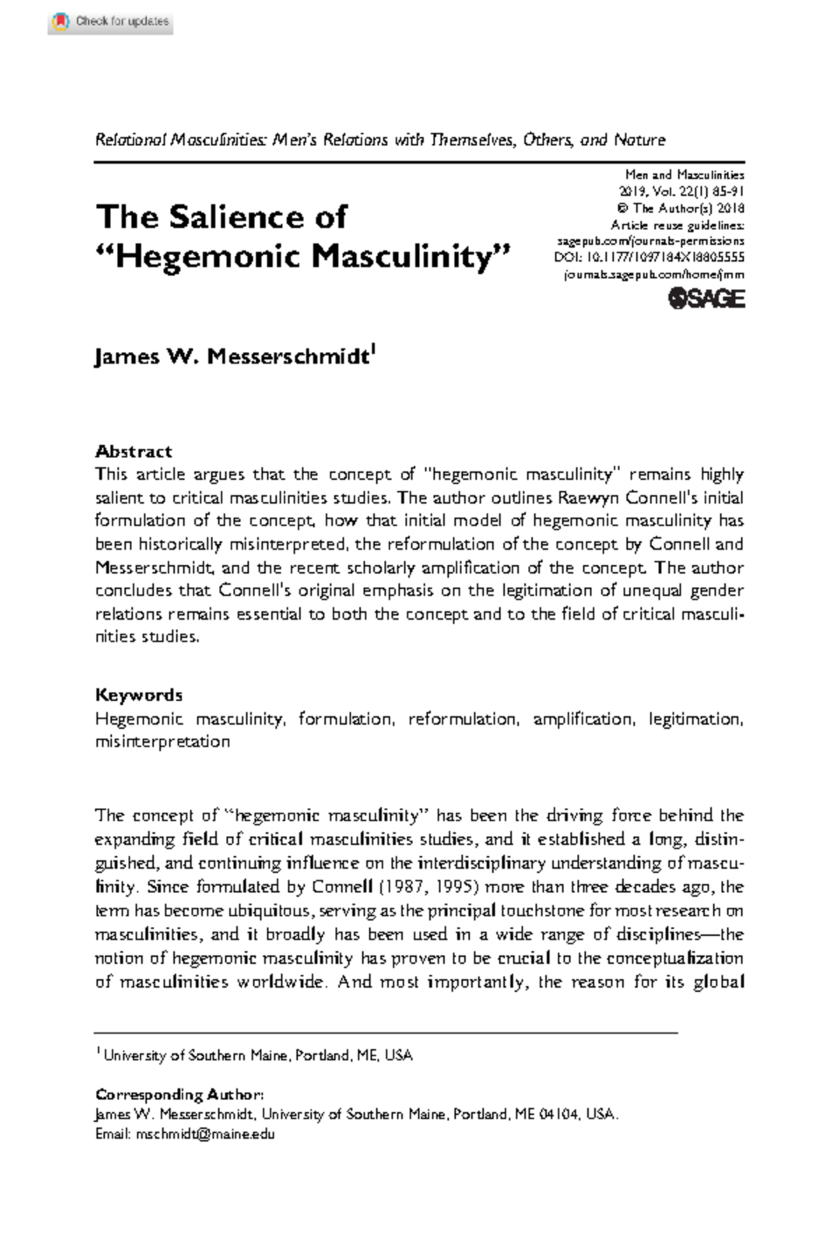 Salience of hegemonic masculinity - Relational Masculinities: Men’s ...