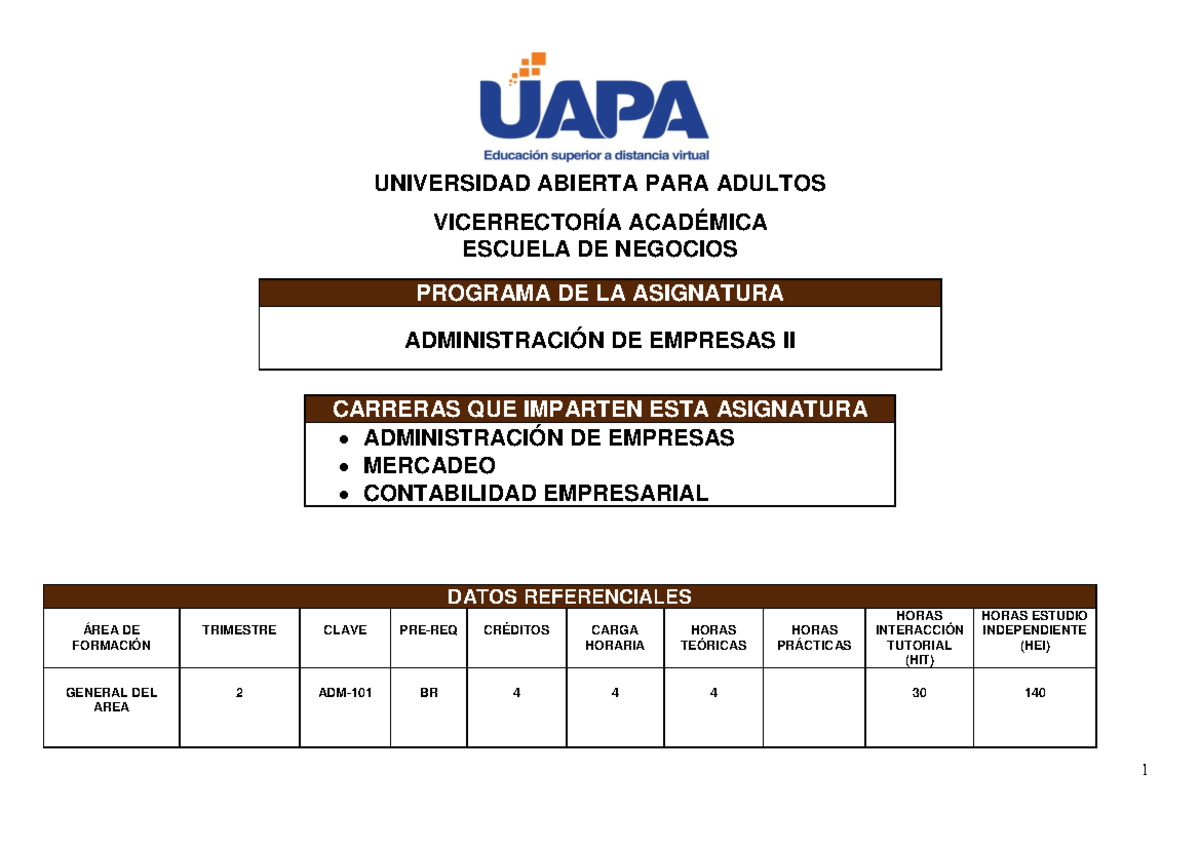 Programa DE Administracion DE Empresas 2 ( Trimestral) - UNIVERSIDAD ...