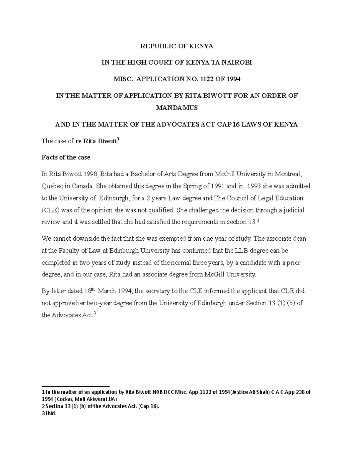 Admin LAW 2 Group WORK. - Copy - REPUBLIC OF KENYA IN THE HIGH COURT OF ...