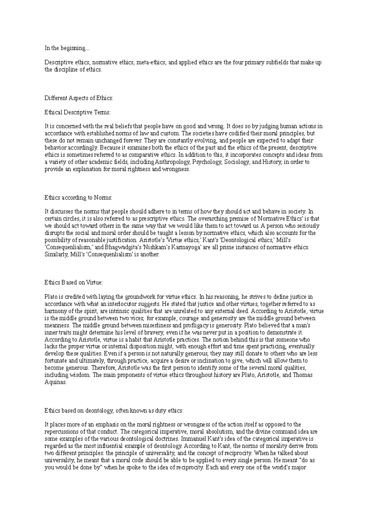 Lesson 1 Branches of Ethics - In the beginning... Descriptive ethics ...