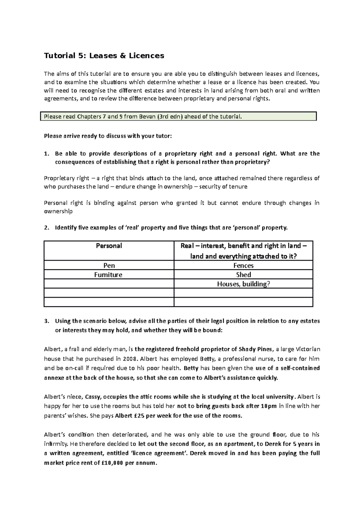 Tutorial - Leases and Licences - Tutorial 5: Leases & Licences The aims ...
