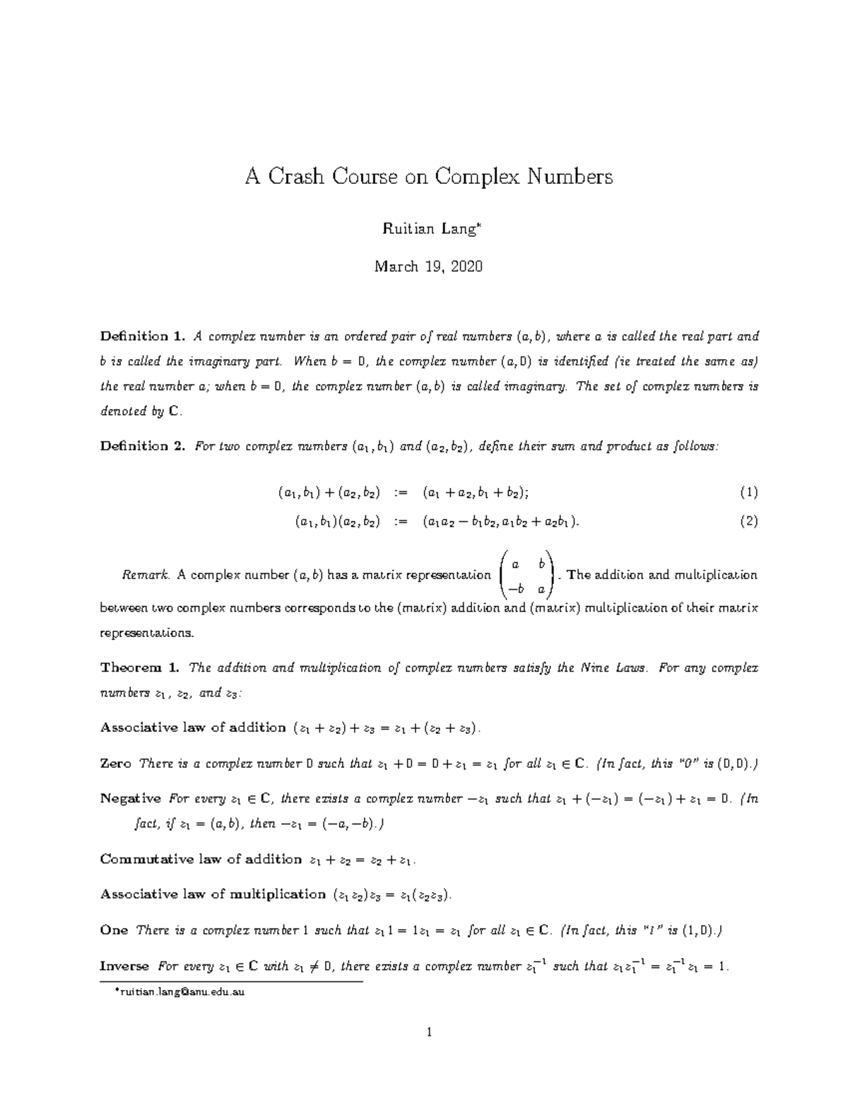 Complex Numbers Notes - A Crash Course on Complex Numbers Ruitian Lang∗ ...