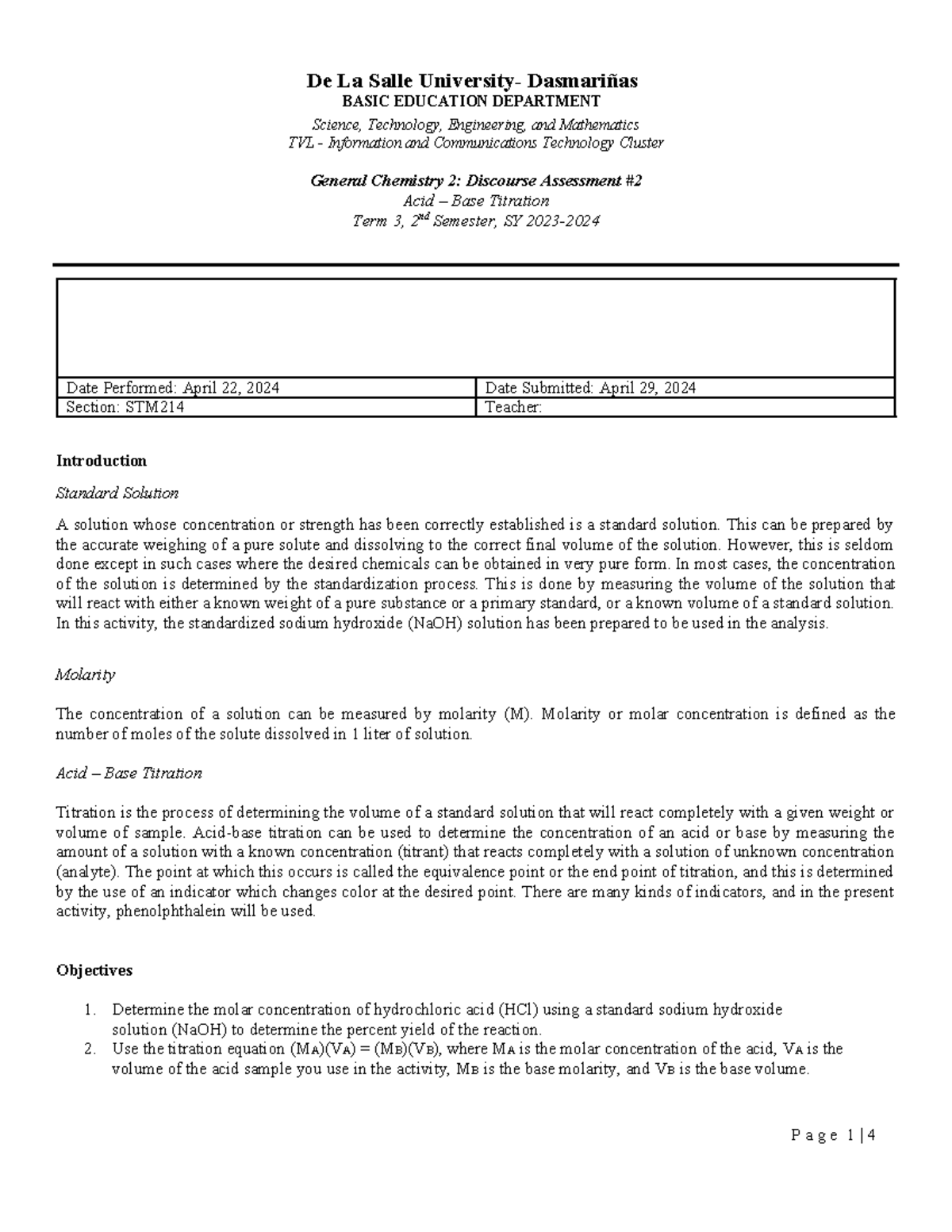 DA2 LAB ACID BASE Titration - De La Salle University- Dasmariñas BASIC ...