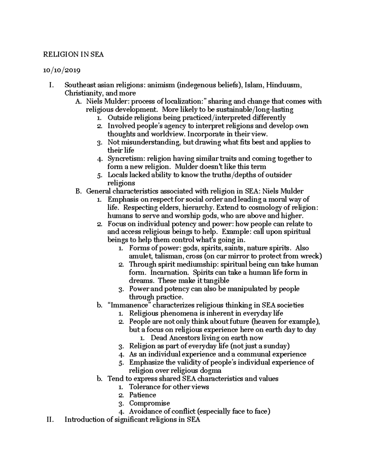 Religion IN SEA - Lecture notes 11 - RELIGION IN SEA 10/10/ I ...