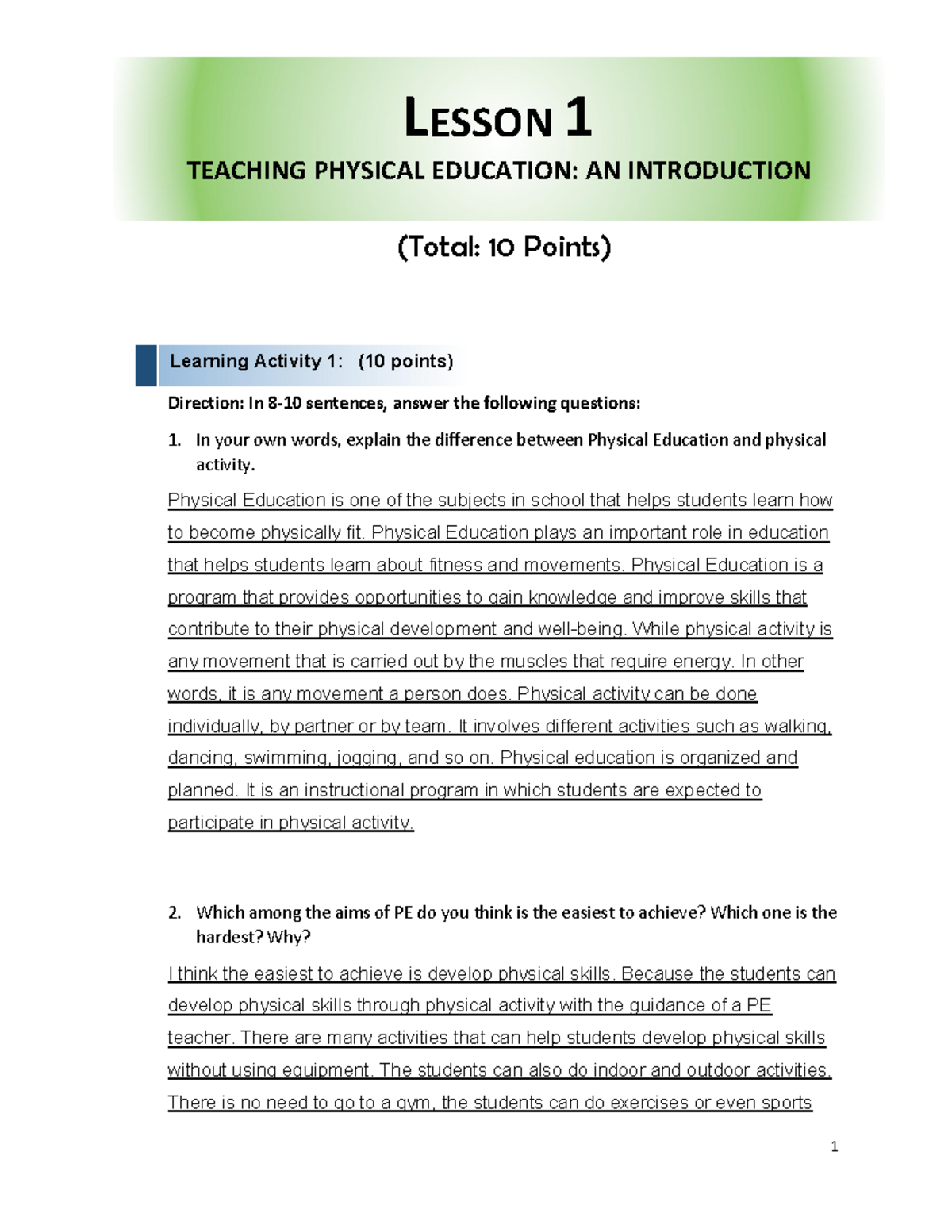 Teaching PE and Health-L1-Learning Activities - 1 LESSON 1 TEACHING ...