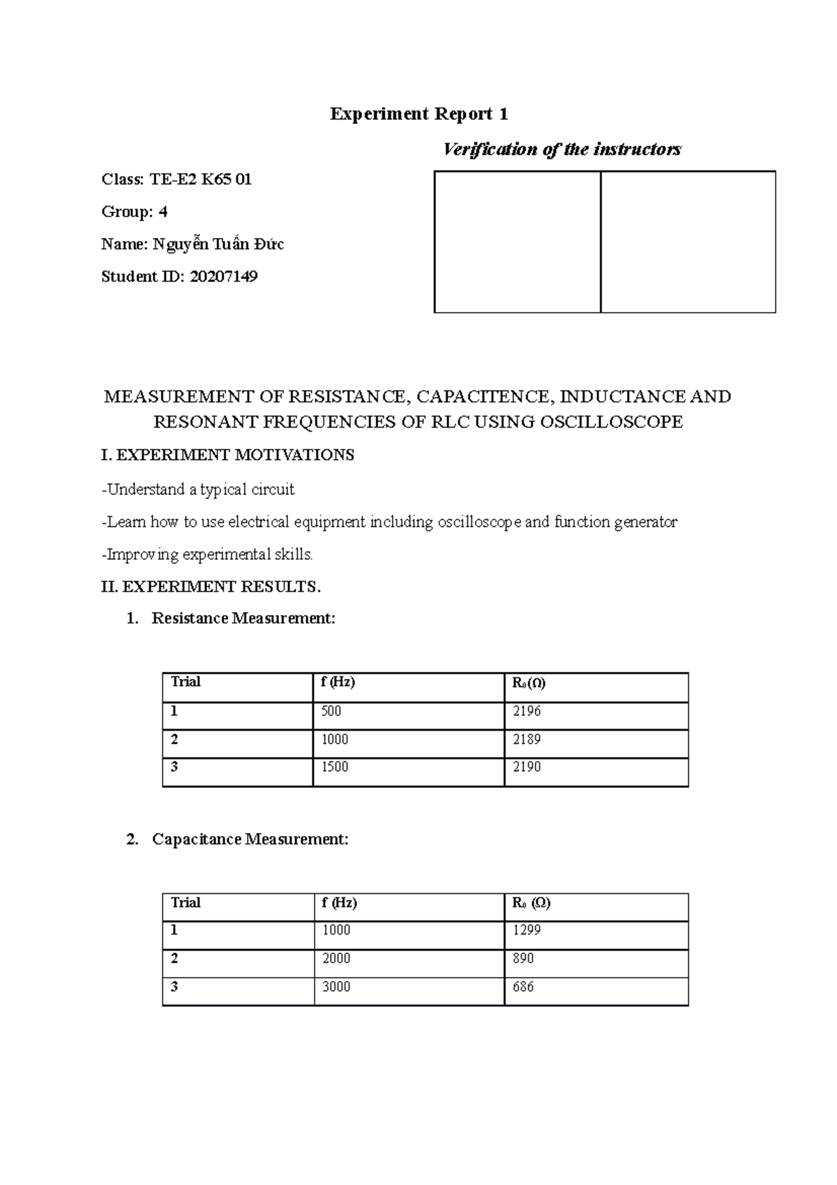 Experimental Report 1 - For Hanoi University of Science and Technology ...