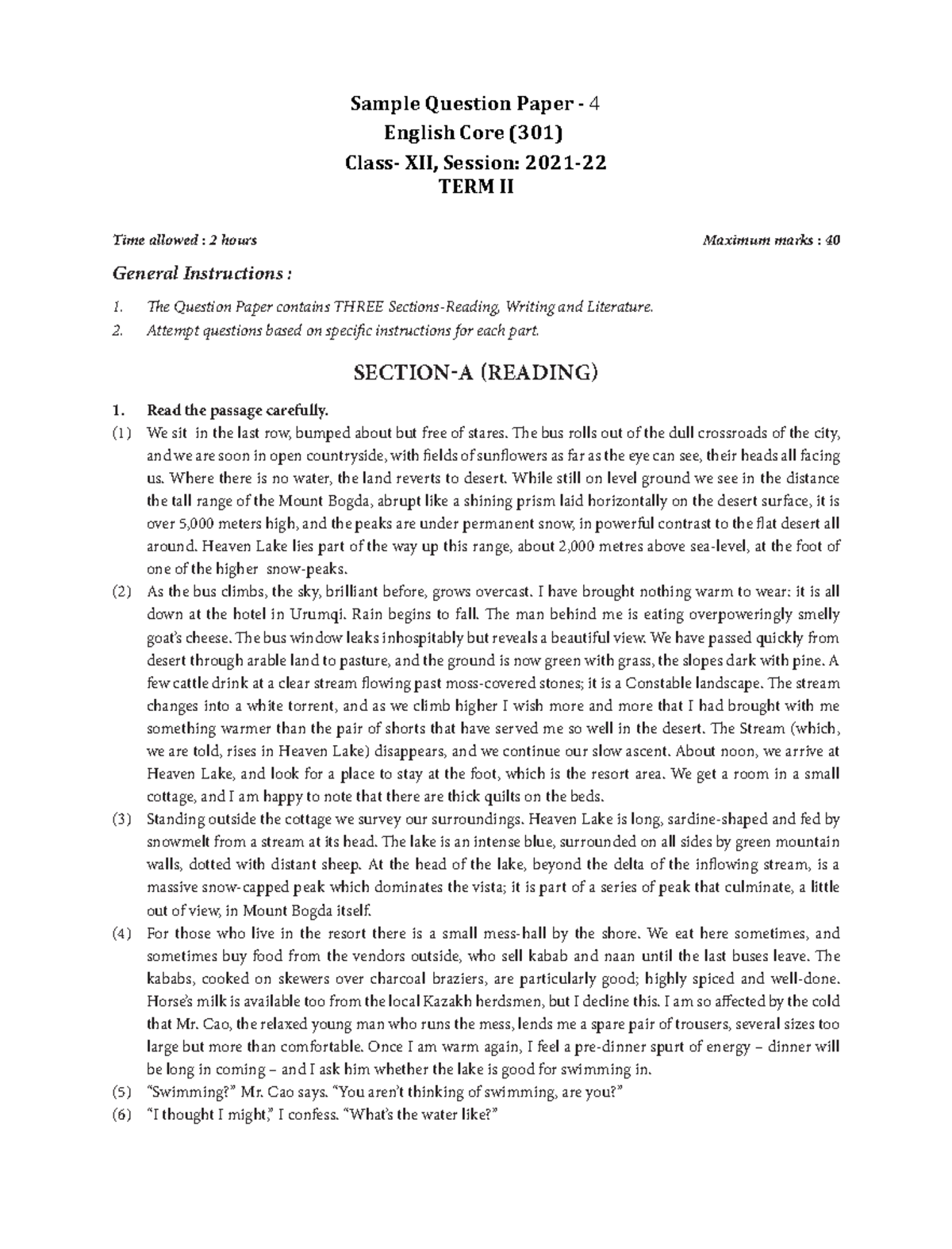 English Core (Term-2) 2022 Set - 4 - SECTION A READING Read the passage ...