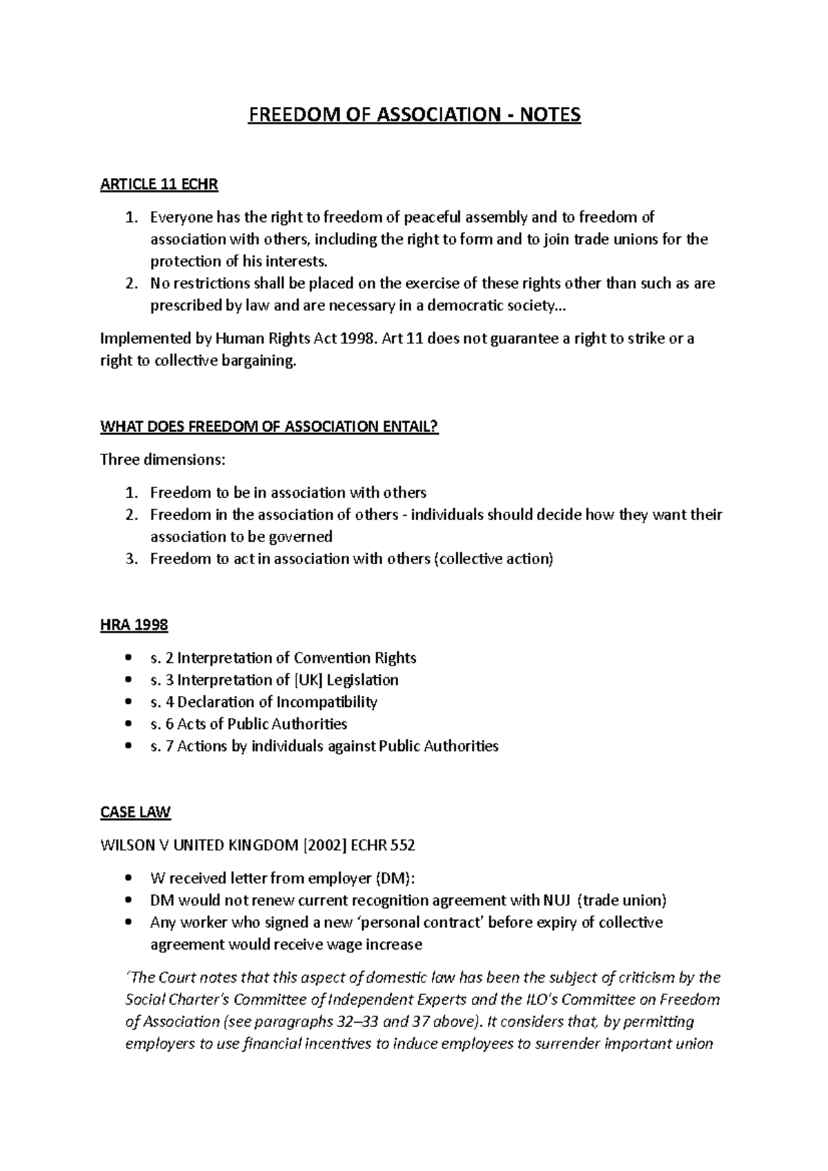 Fo A notes - FREEDOM OF ASSOCIATION - NOTES ARTICLE 11 ECHR Everyone ...