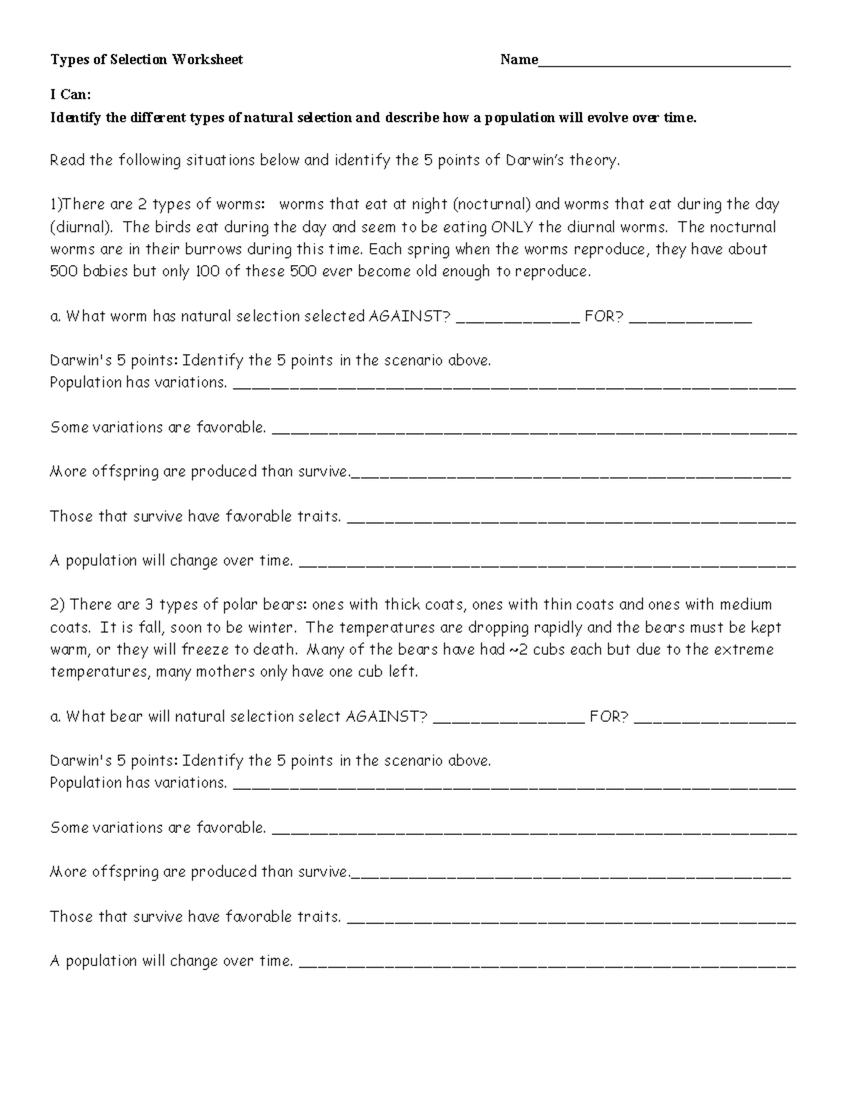 Types of Selection worksheet - Read the following situations below and ...