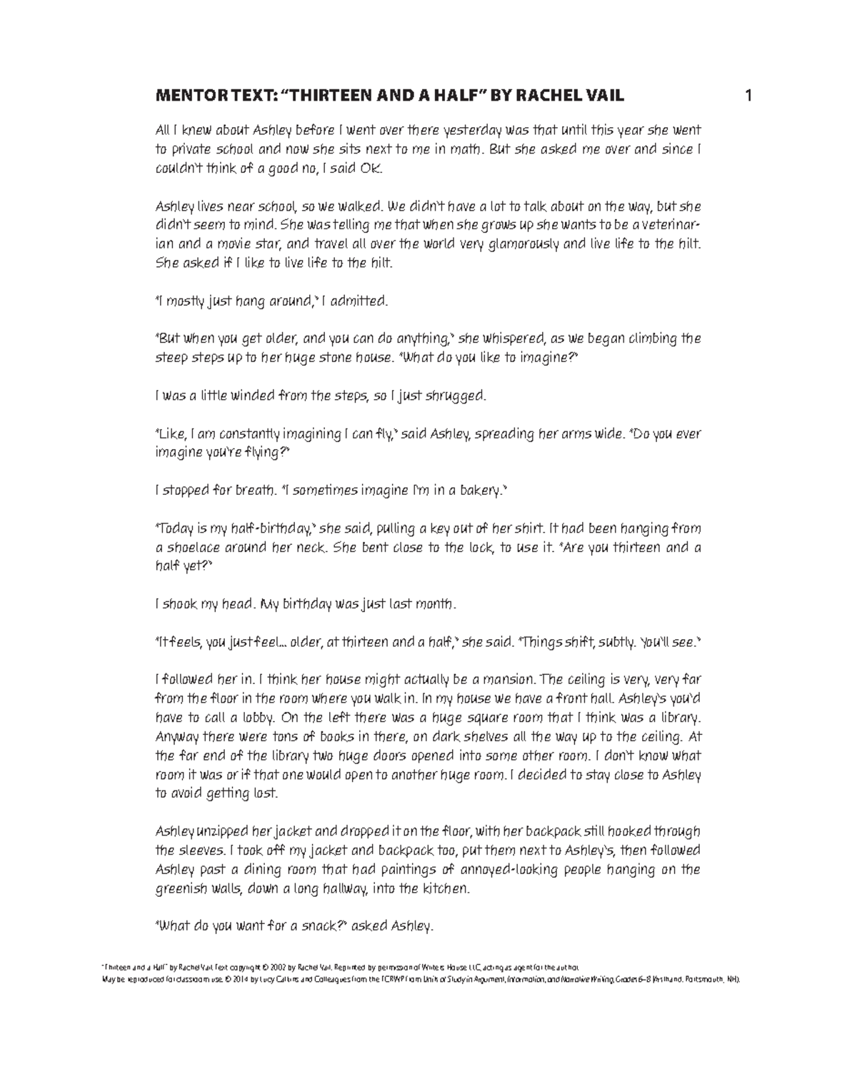 Thirteen and a half - Short story - 1 Mentor text: “thirteen And A hAlf ...