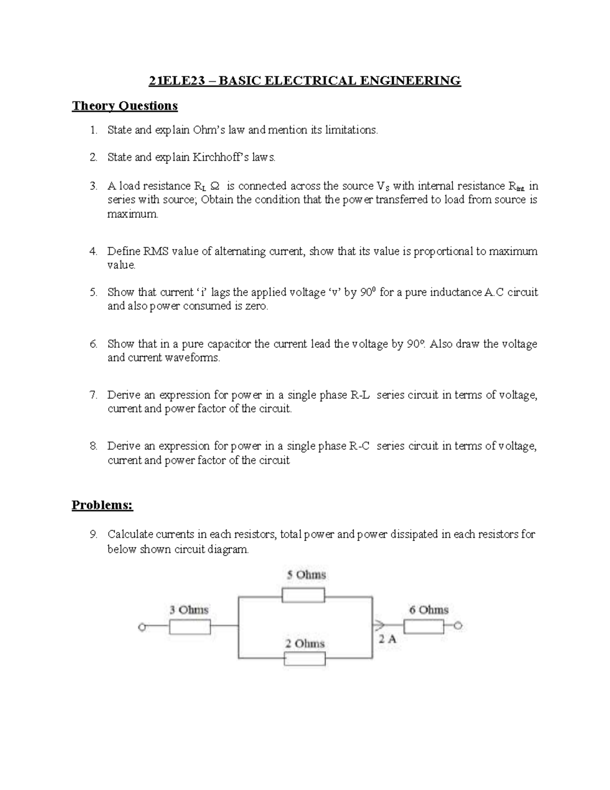 21ELE23 Question Bank 2021-22 EVEN - 21ELE23 – BASIC ELECTRICAL ...