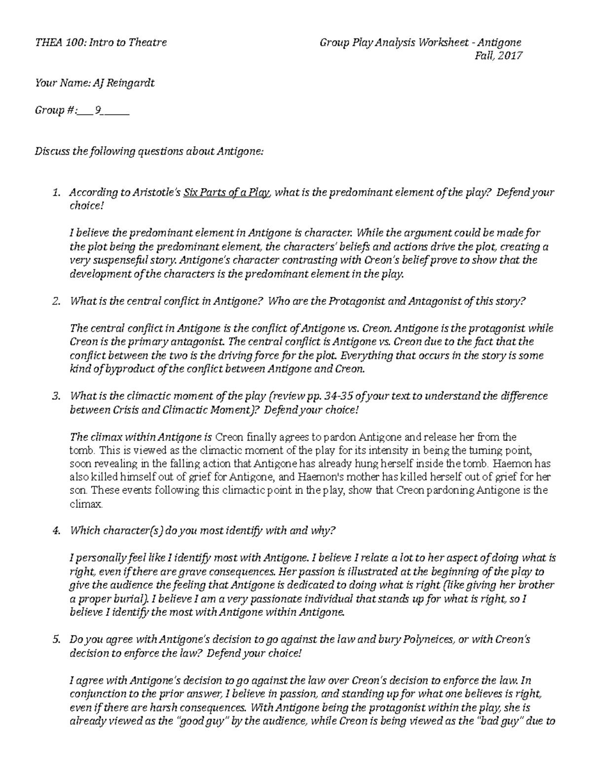 Antigone Analysis Questions - THEA 100: Intro to Theatre Group Play ...