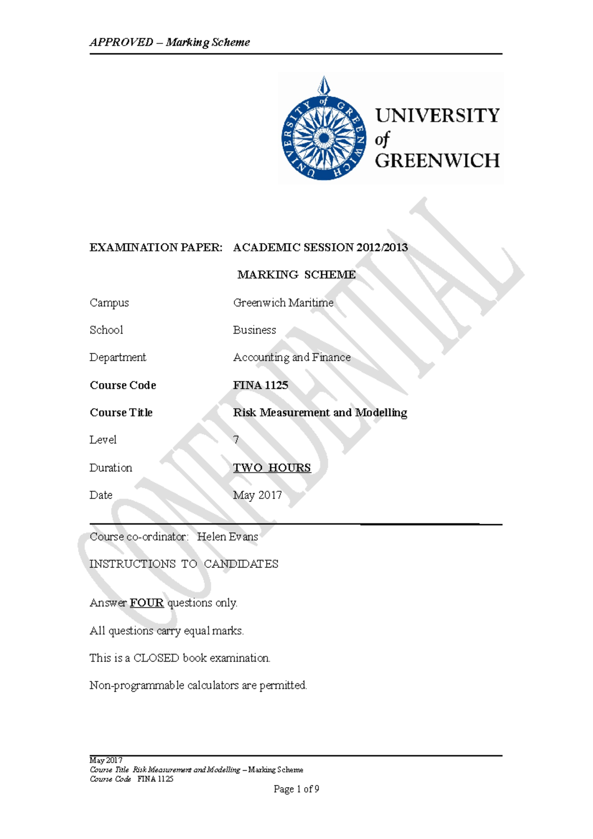 FINA 1125 May 2017 mark scheme 1 - EXAMINATION PAPER: ACADEMIC SESSION ...