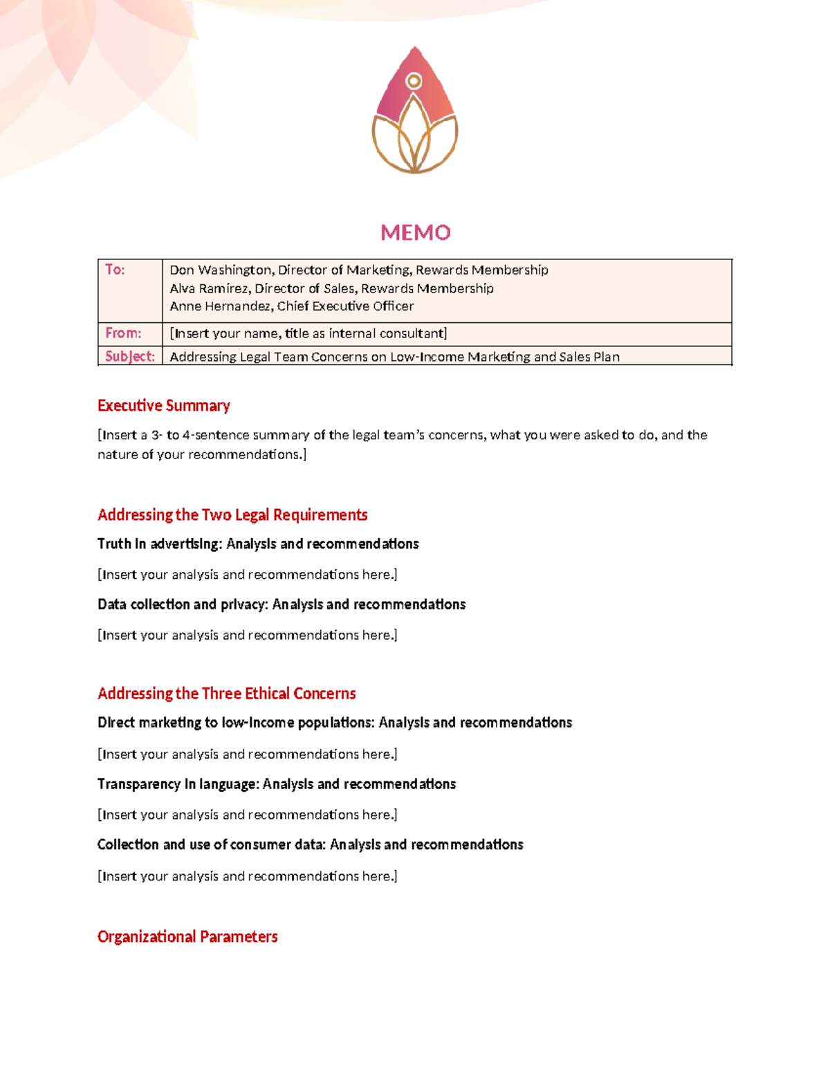 MBA 500 Project Three Response Memo Template - MEMO To: Don Washington ...