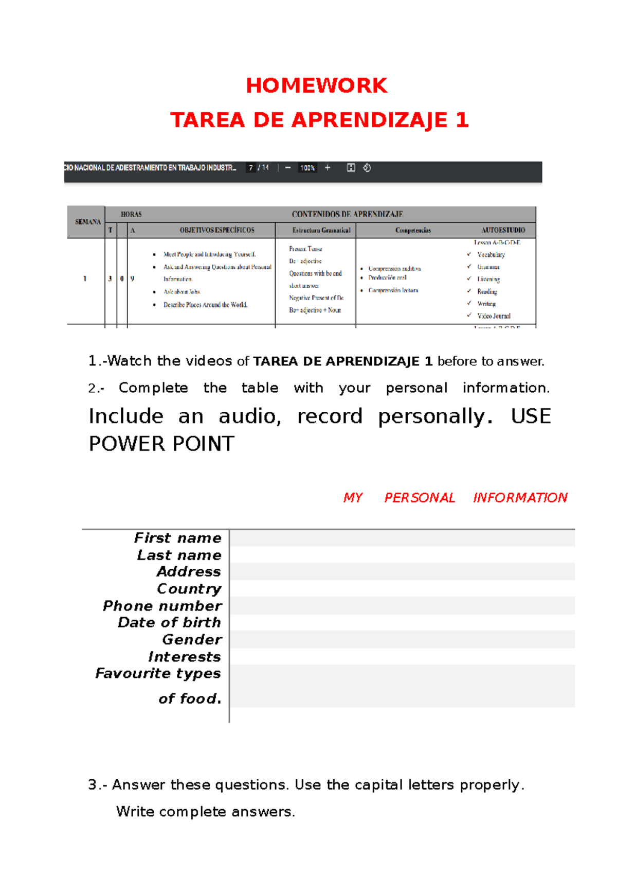 Homework Tarea DE Aprendizaje 1-A_INGLES - HOMEWORK TAREA DE ...