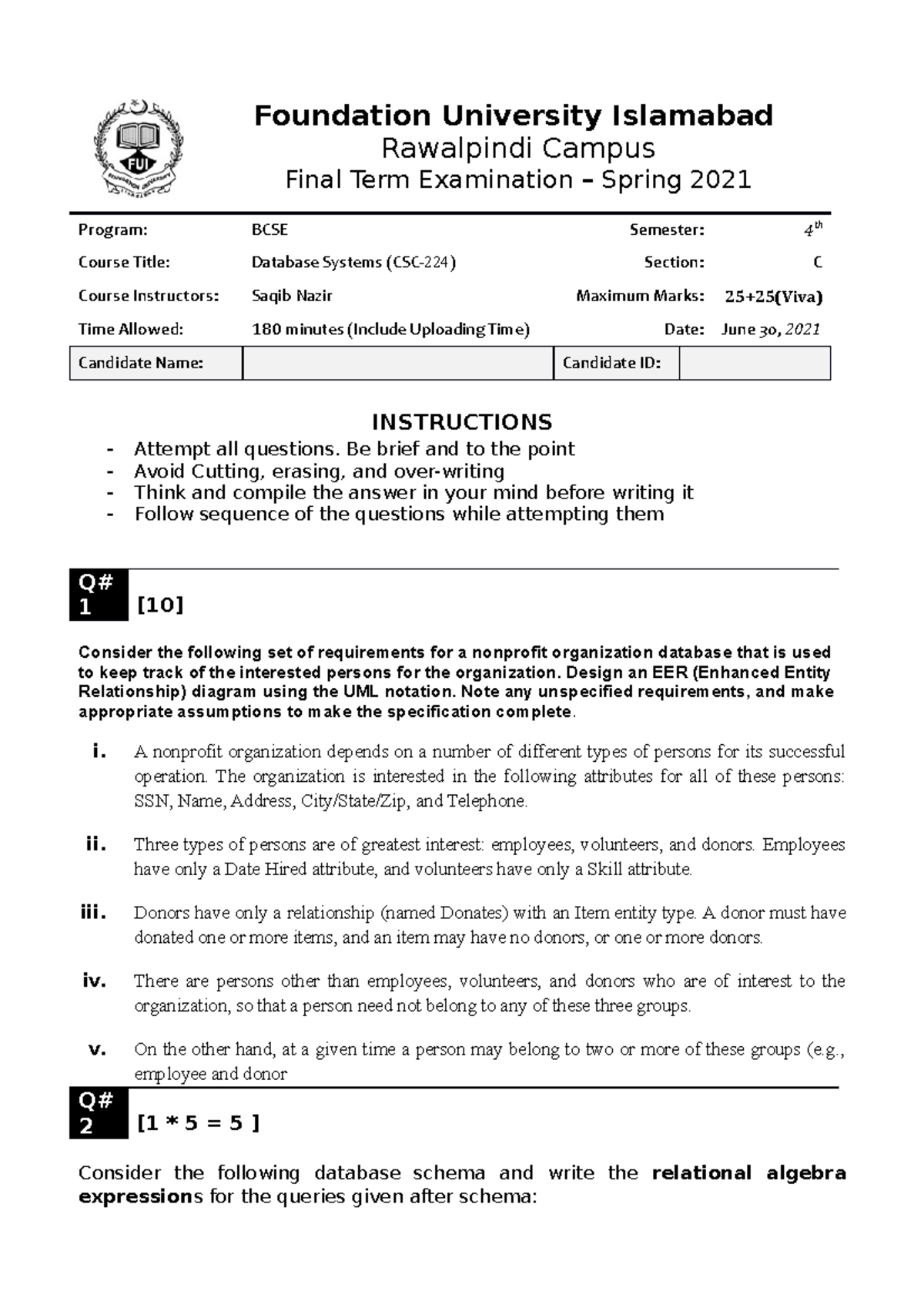Question Paper - PRACTICAL - Foundation University Islamabad Rawalpindi ...