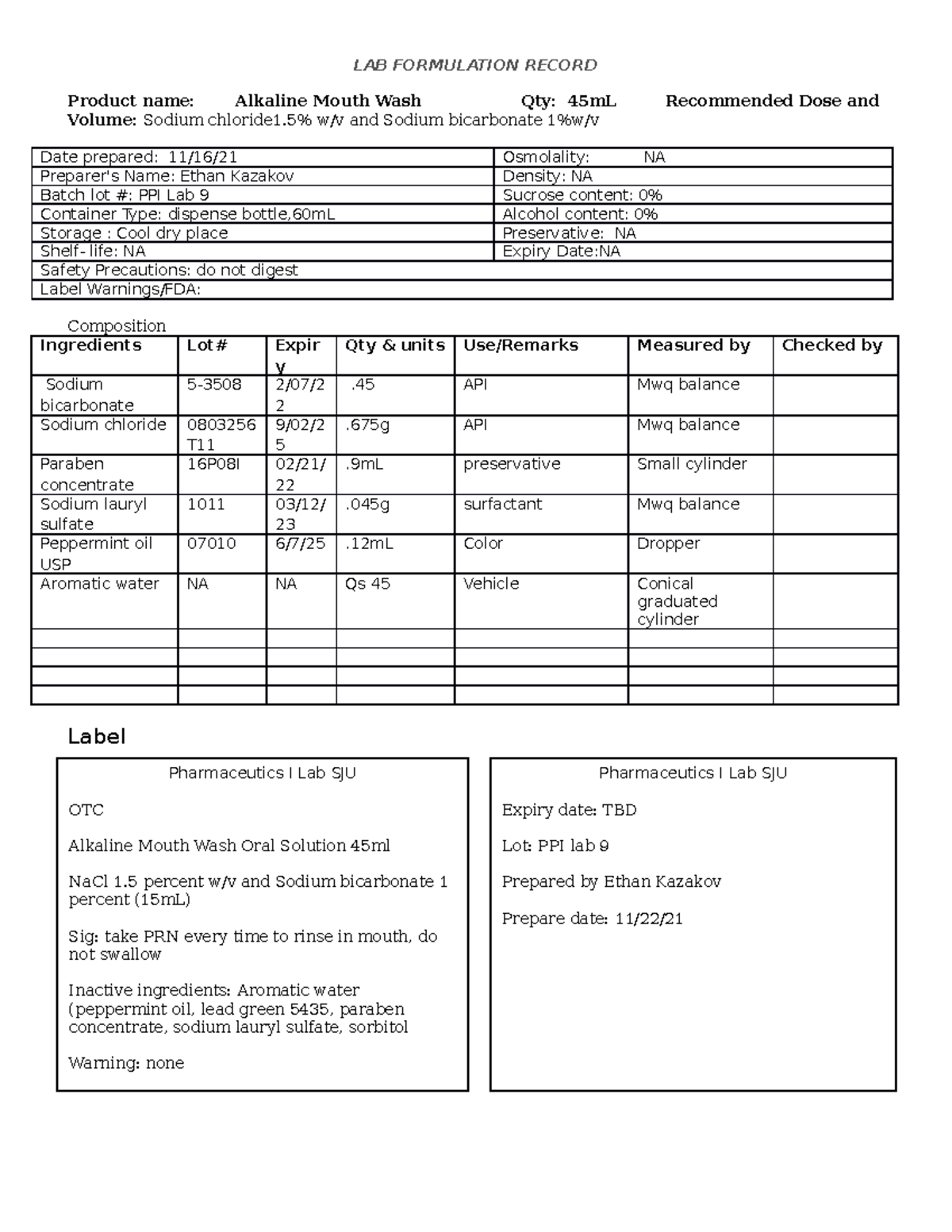 F21 PPI LAB Record Forms-3 - LAB FORMULATION RECORD Product name ...