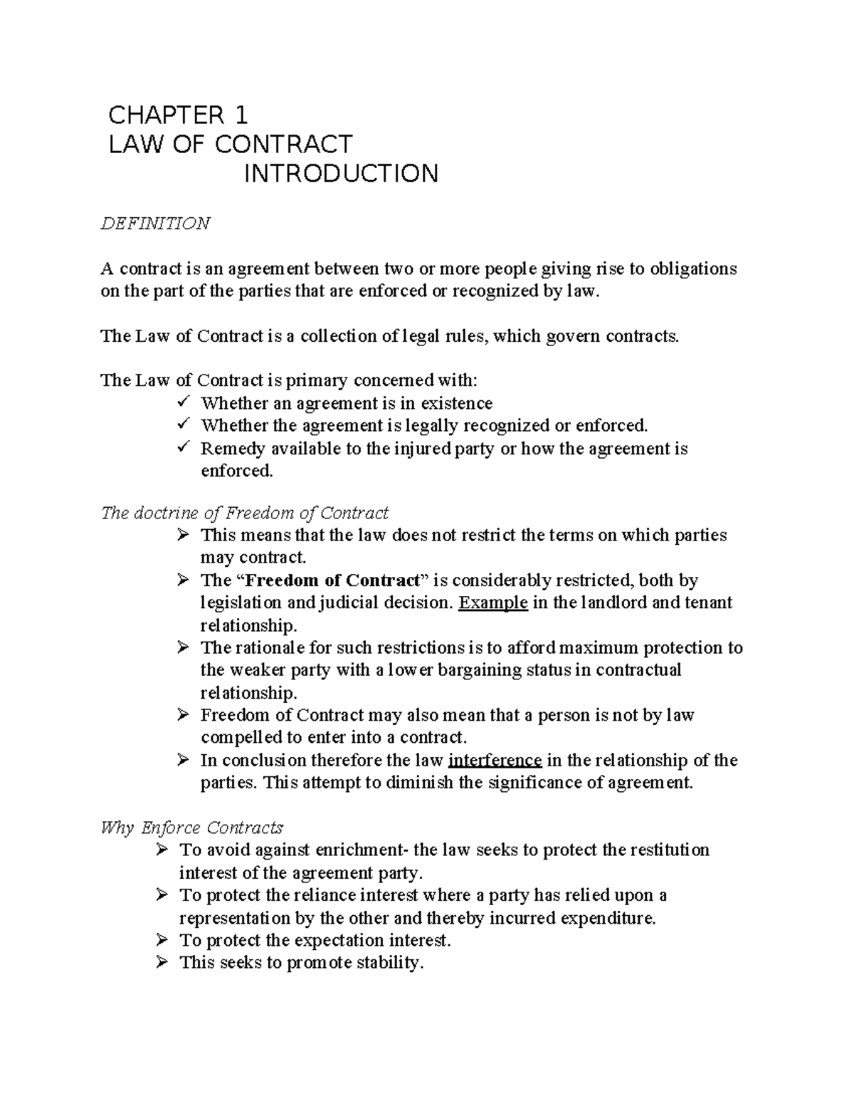 Contract notes - DETAILED - CHAPTER 1 LAW OF CONTRACT INTRODUCTION ...