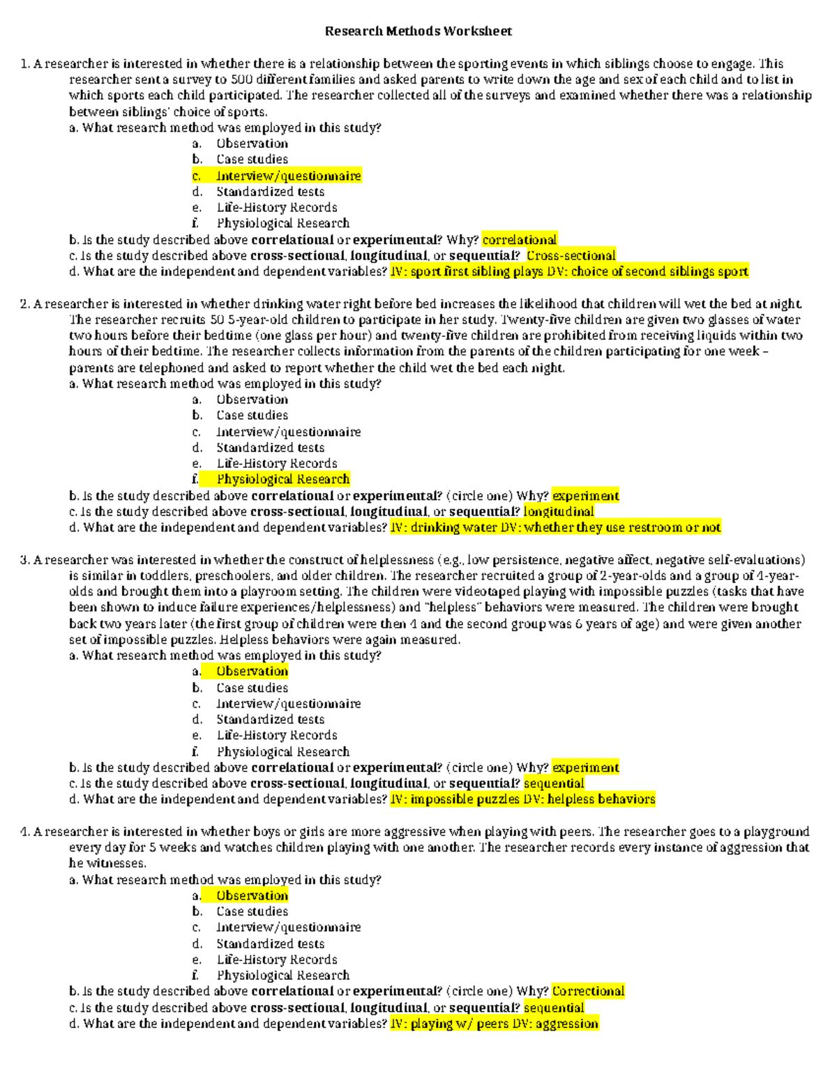 Practice worksheet 2 answers - Research Methods Worksheet A researcher ...