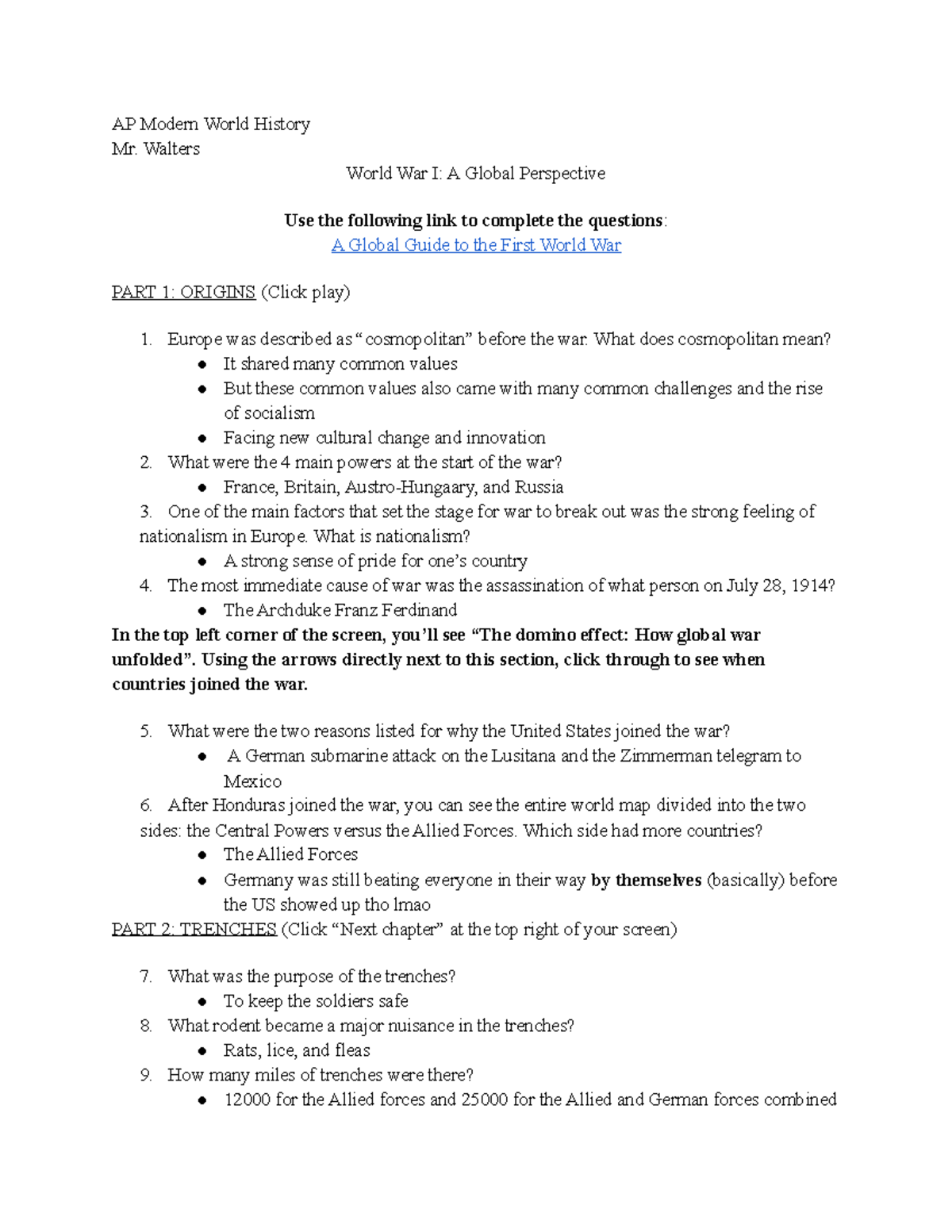 Bethel's Copy of WWI Global Perspective - AP Modern World History Mr ...