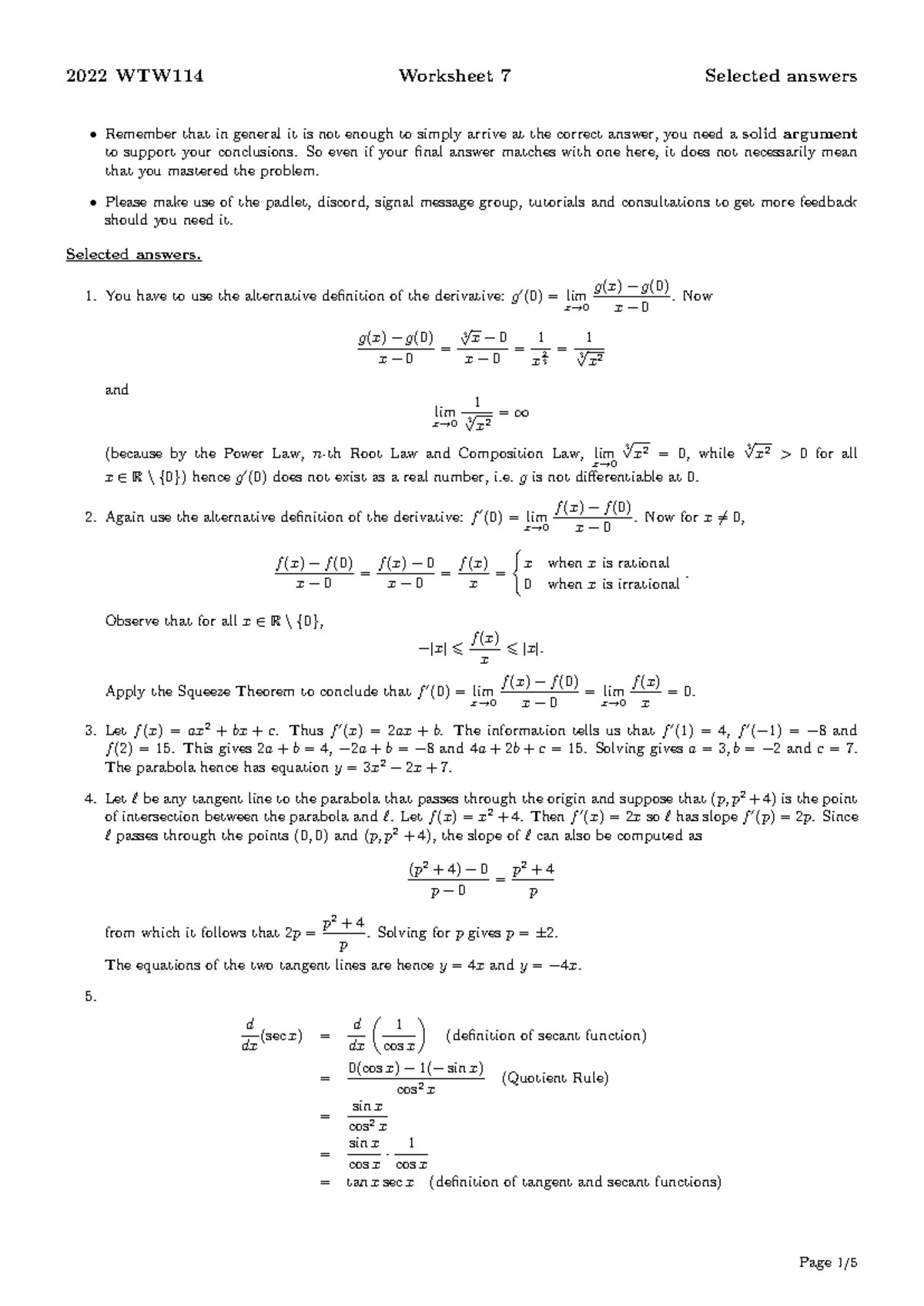 Worksheet 7 - selected answers - 2022 WTW114 Worksheet 7 Selected ...