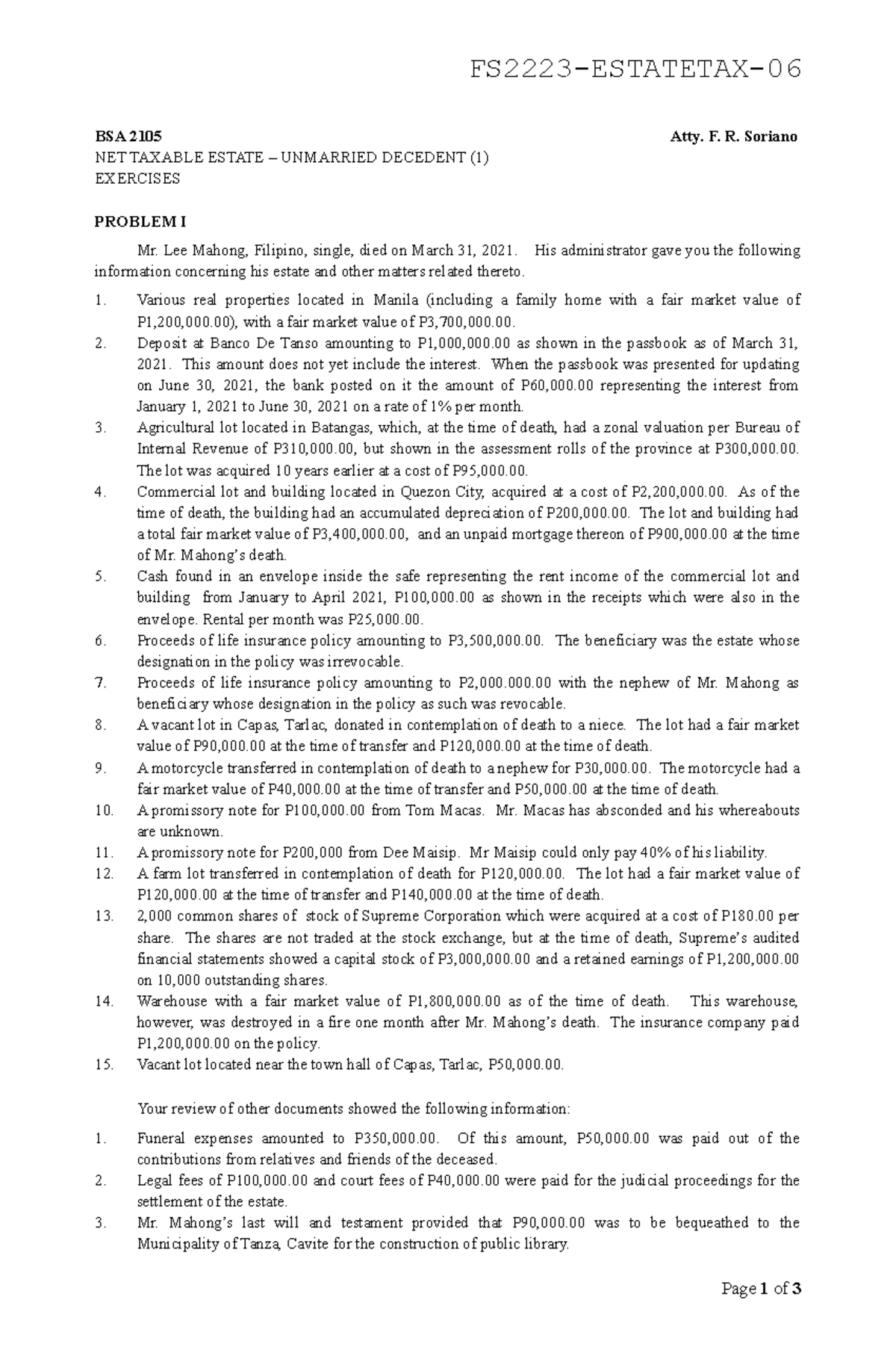 BSA2105 FS2223 Estatetax 06 - FS2223-ESTATETAX- BSA 2105 Atty. F. R ...
