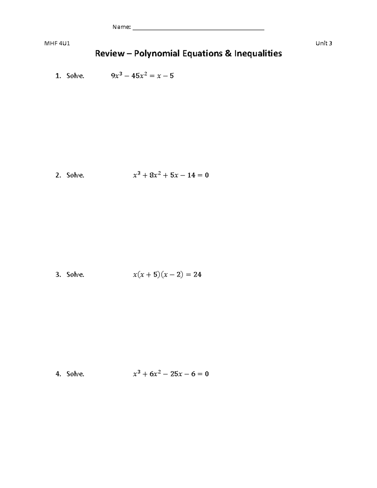 Unit 2b Review - MHF 4U1 Unit 3 Review – Polynomial Equations ...