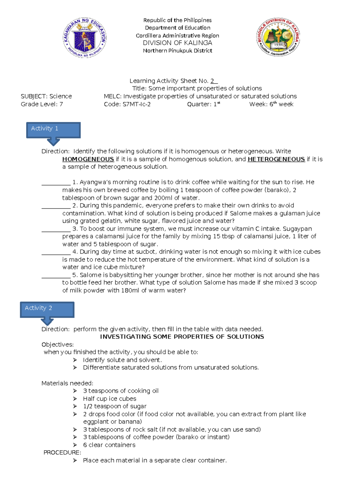 Activity sheet NO - science 8 - Activity 1 Activity 2 Republic of the ...