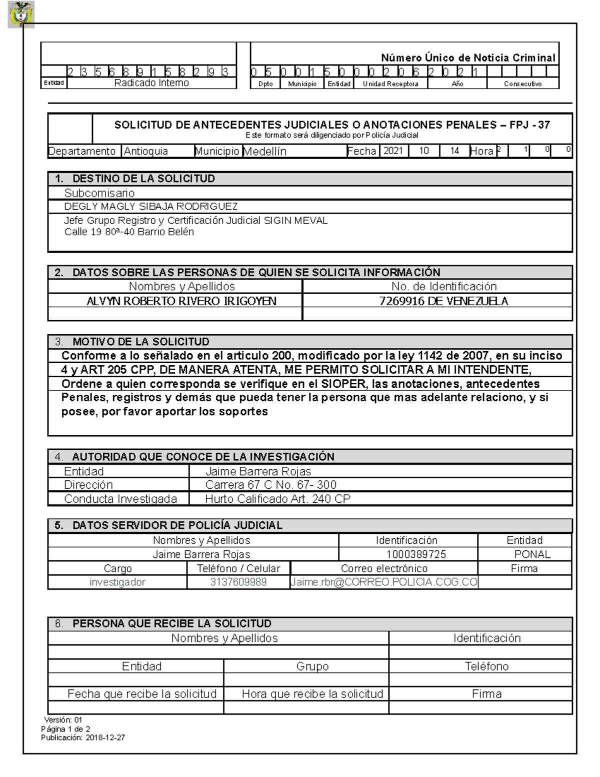 11. FPJ-37 Solicitud DE Antecedentes Judicia - Número Único de Noticia ...