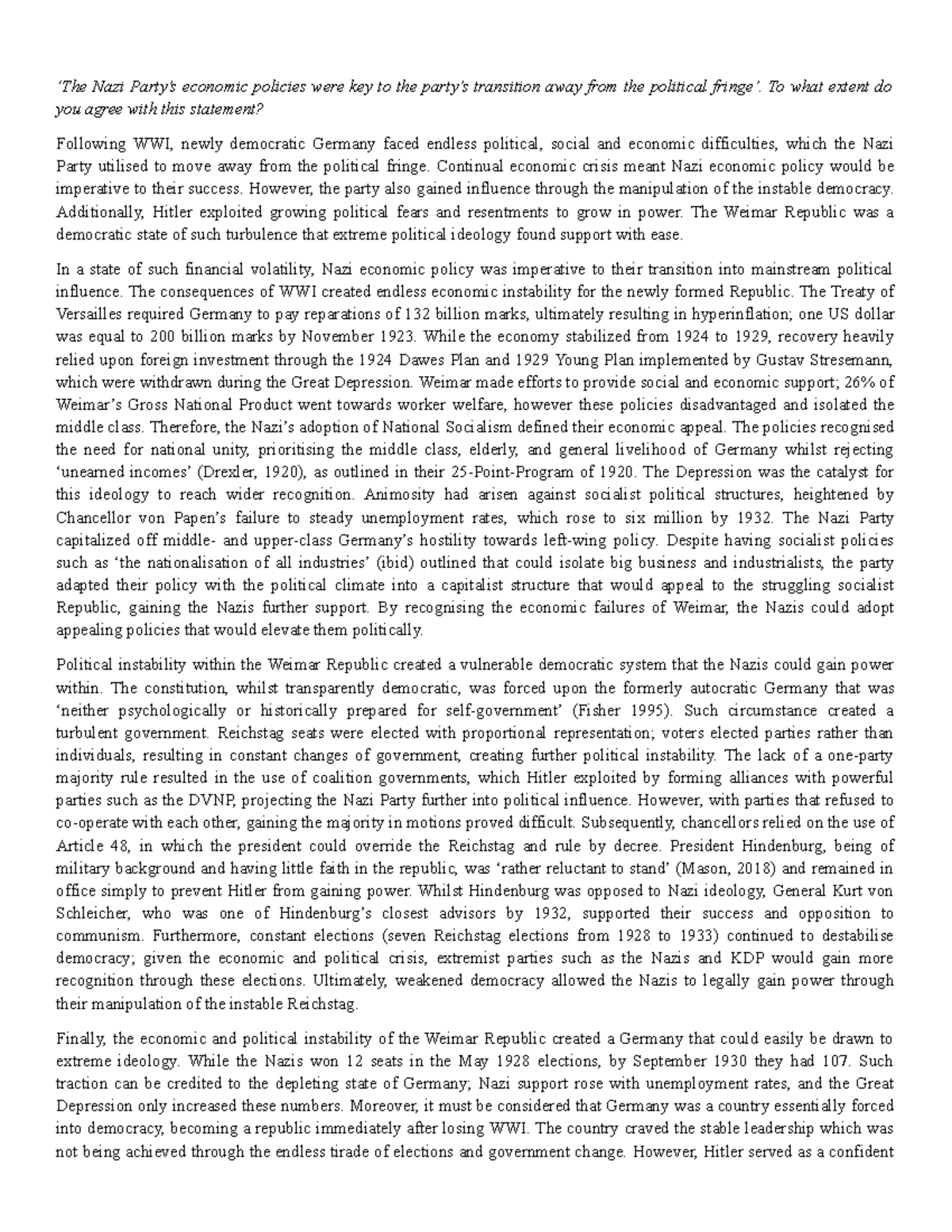 998834 J-2MOD20-AT1-Germany Essay - ‘The Nazi Party’s economic policies ...