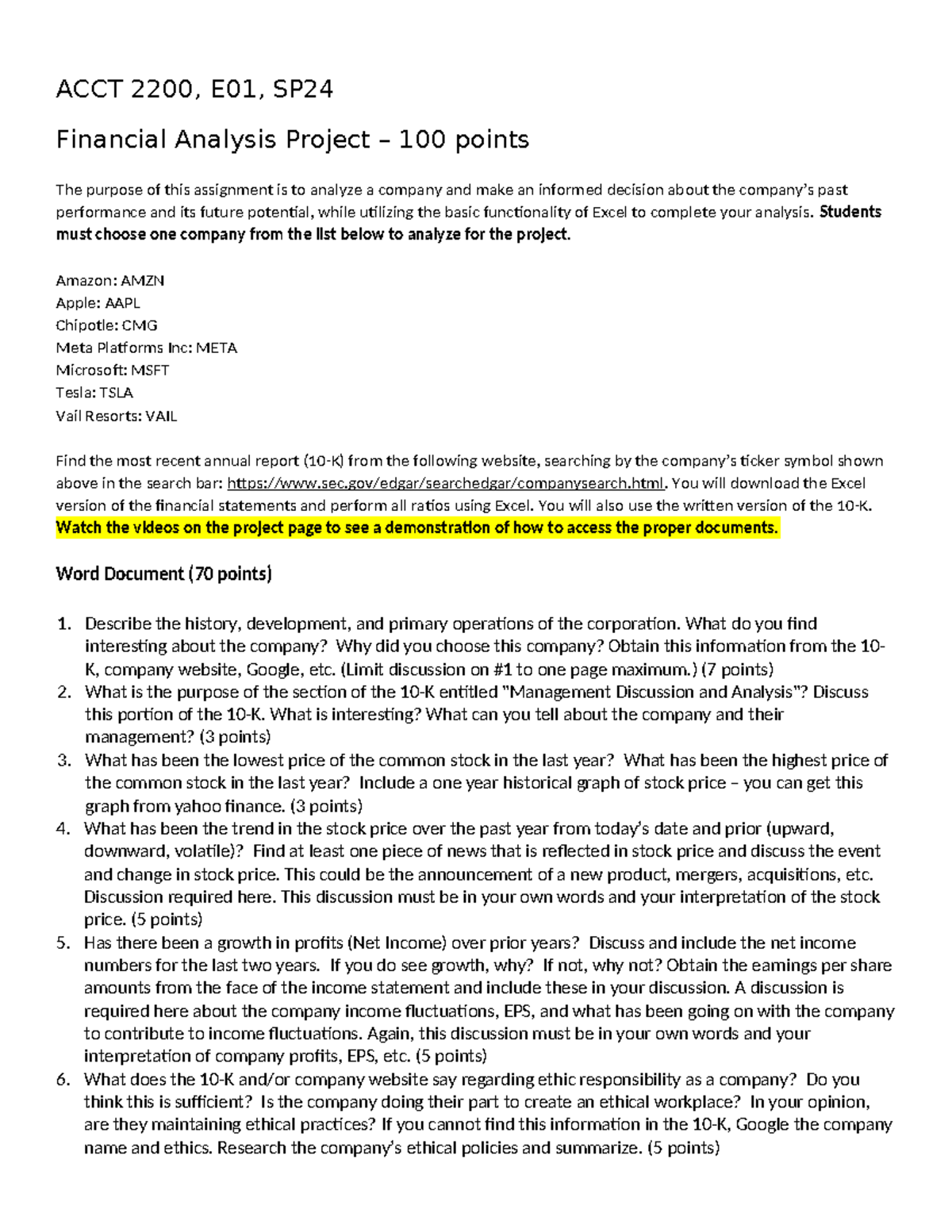ACCT 2200 Financial Analysis Project SP24 - ACCT 2200, E01, SP ...