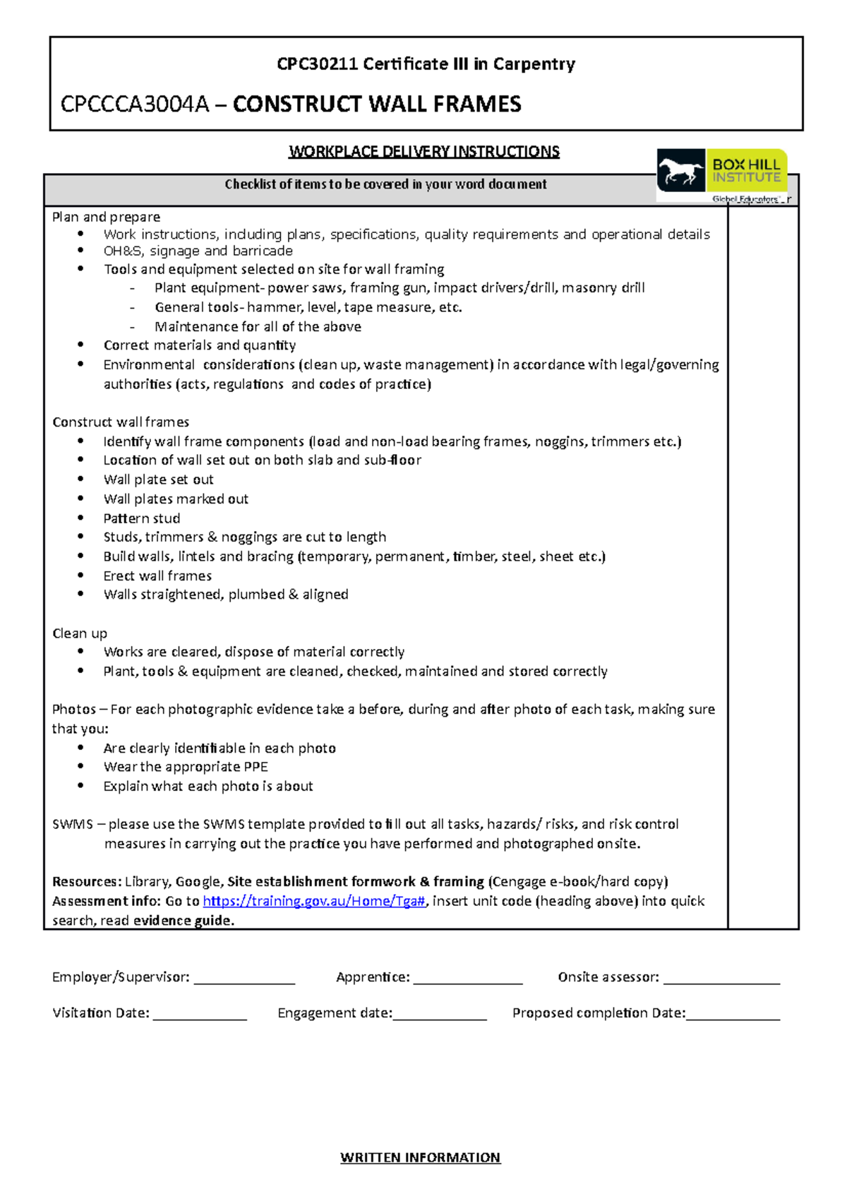 Construct wall frames word document criteria checklist - WORKPLACE ...