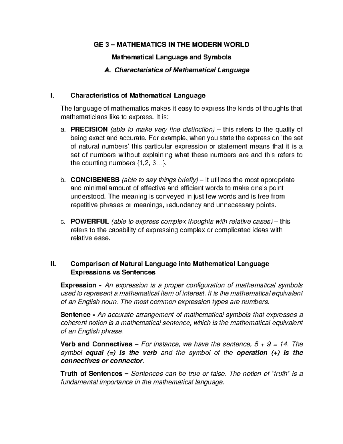 Mathematical Language GE 3 MATHEMATICS IN THE MODERN WORLD