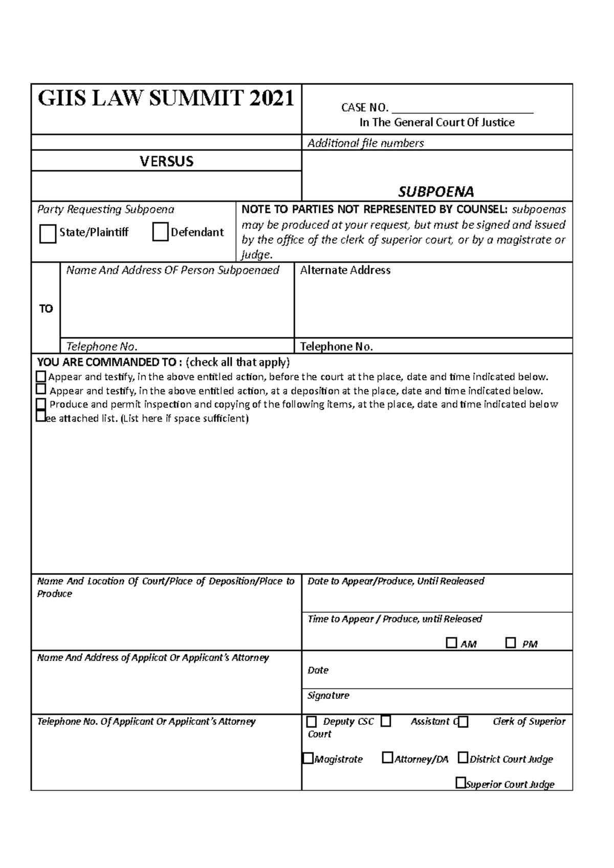 Subpoena template - vnnnnnn - GIIS LAW SUMMIT 2021 CASE NO ...