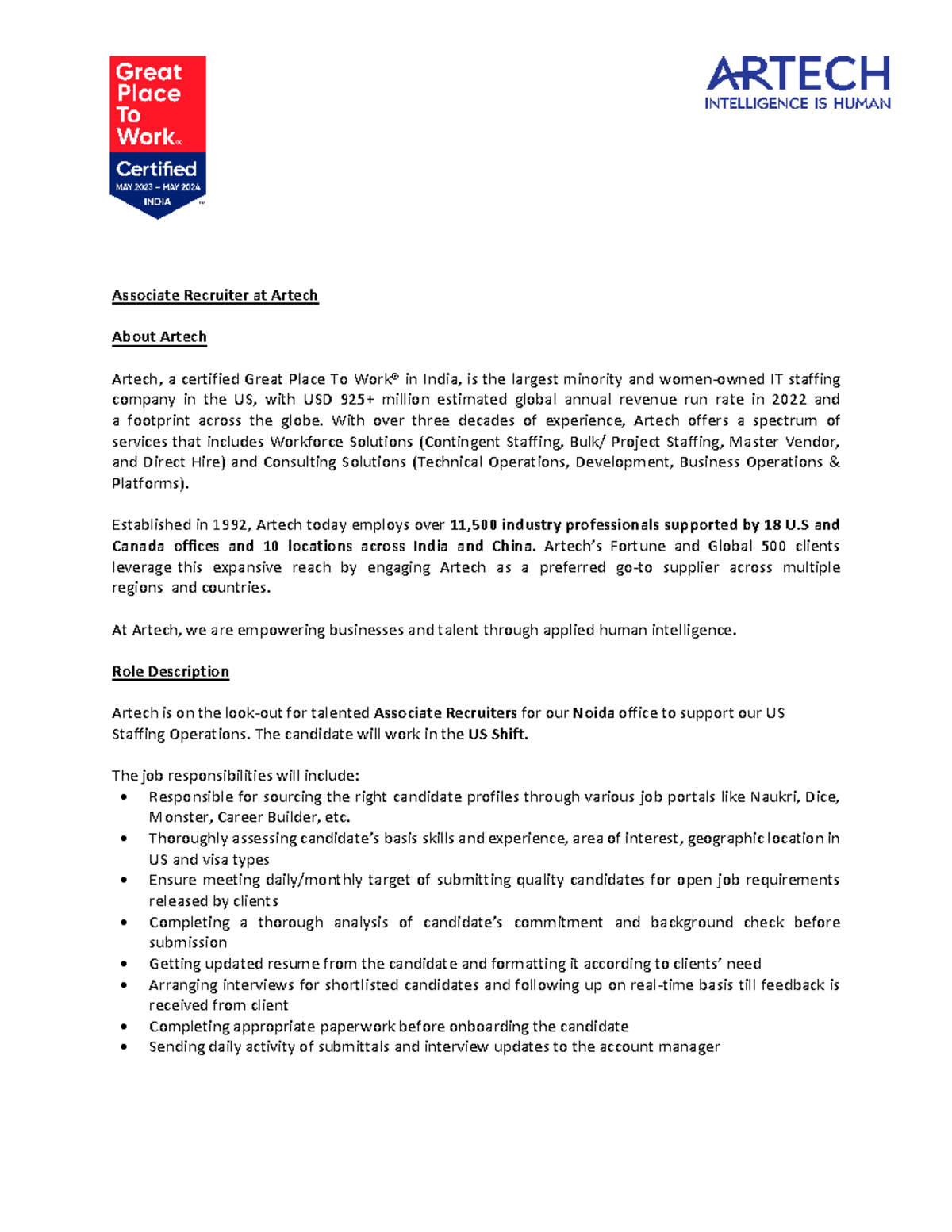 JD - Associate Recruiter Noida - Associate Recruiter at Artech About ...