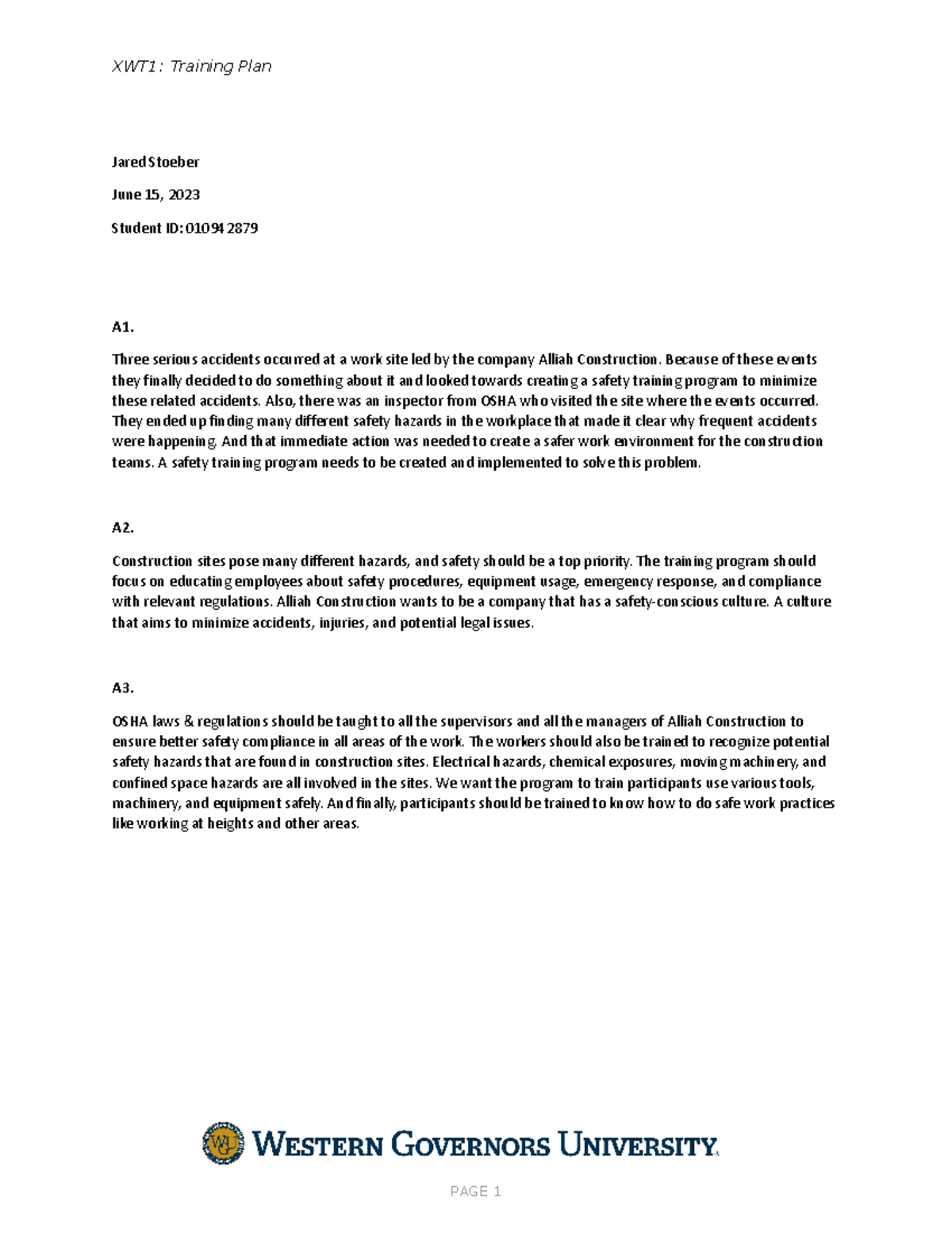 Jared Stoeber - C235 Task 1 - C235 Task 1 - WGU - Studocu