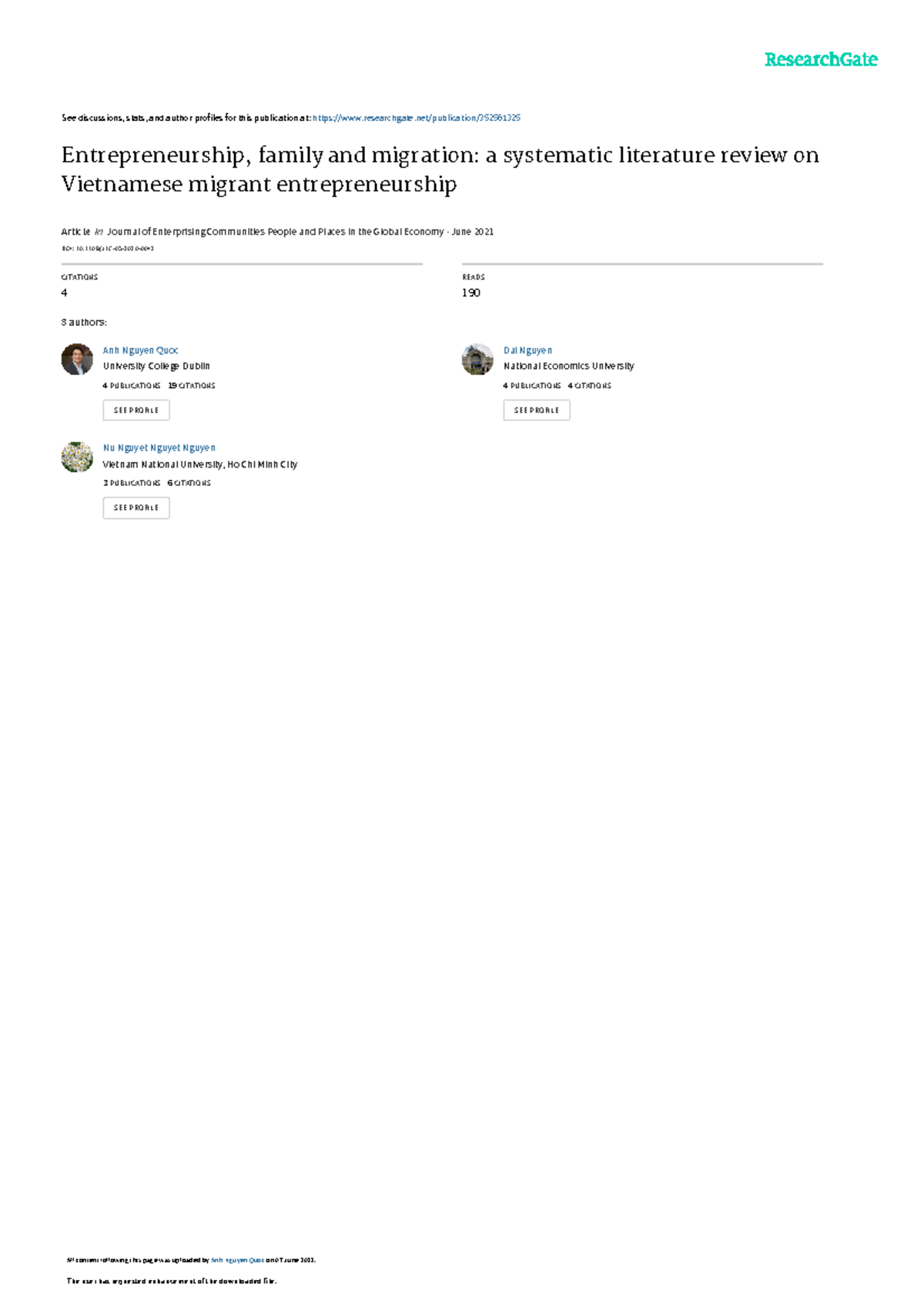 Entrepreneurship, family and migration- a systematic literature review on Vietnamese migrant ...