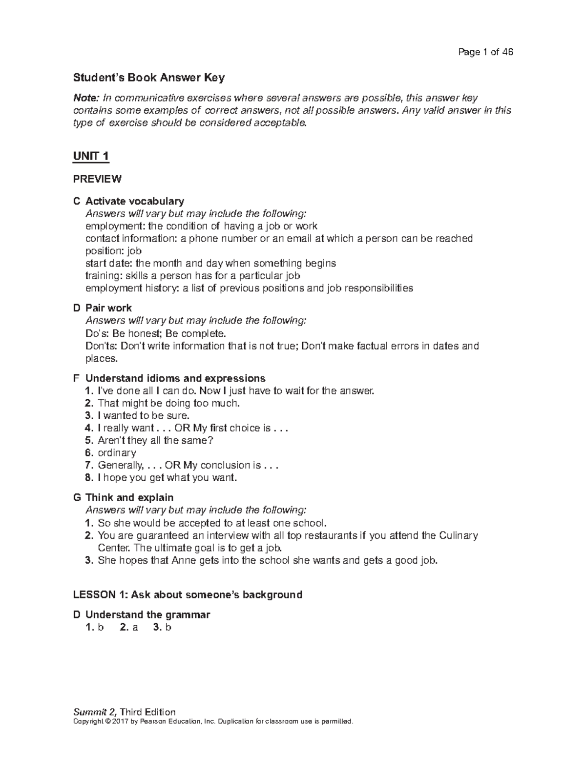 Pdfcoffee - The best book ever I have read. - Summit 2, Third Edition Student’s Book Answer Key ...