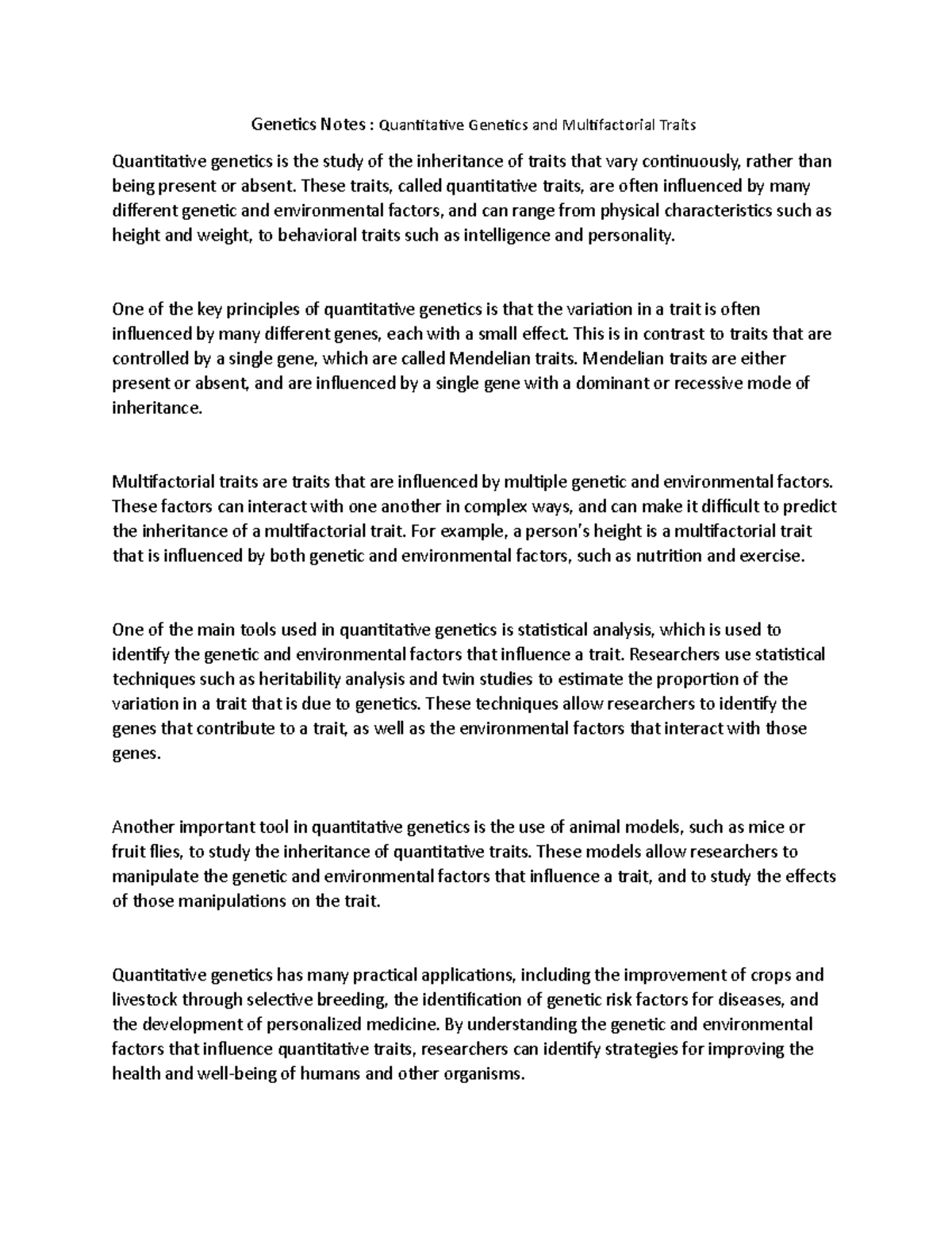 Genetics Notes Quantitative Genetics Genetics Notes Quantitative